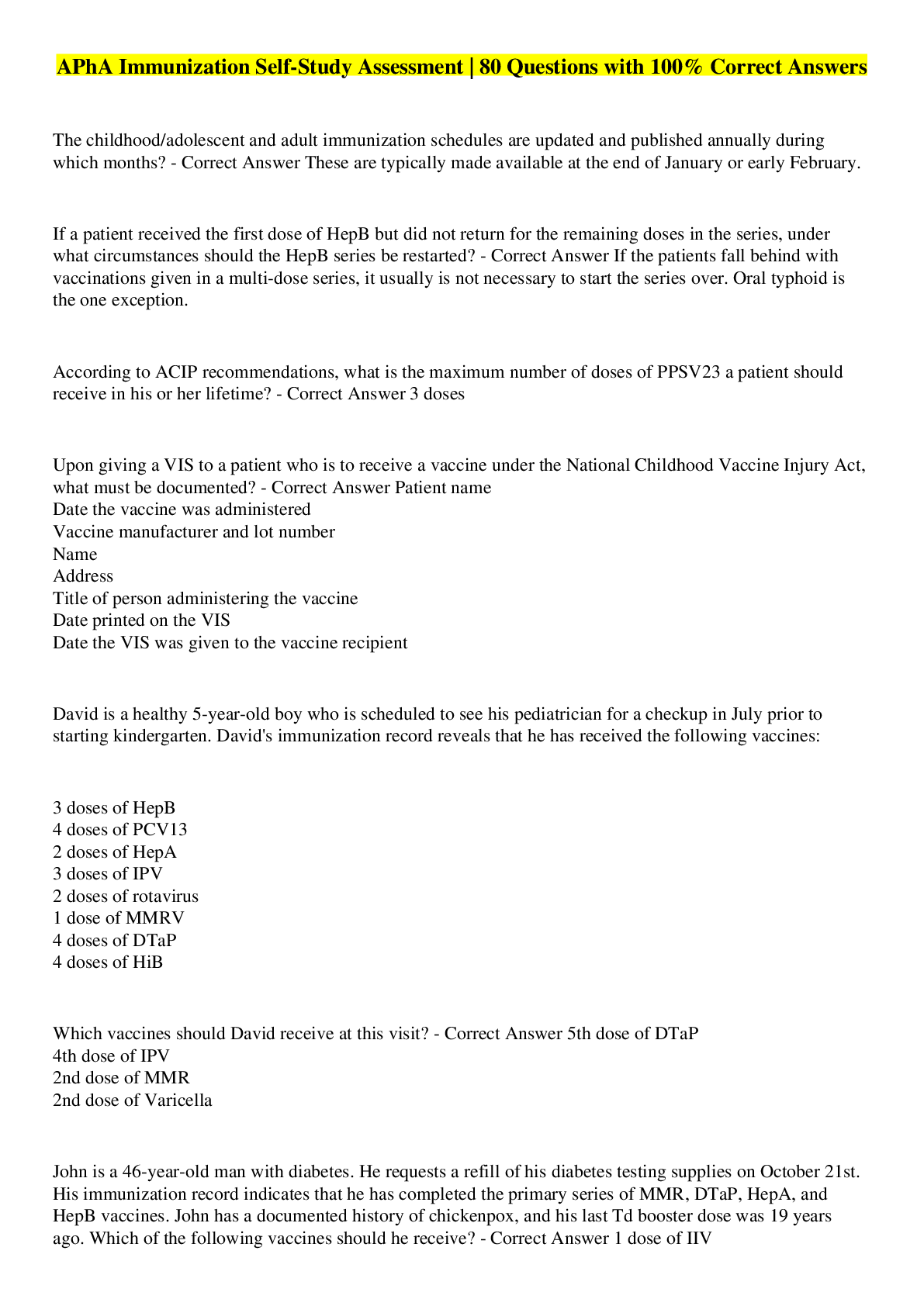 APhA Immunization Self-Assessment Questions, latest update, 2022/2023 ...