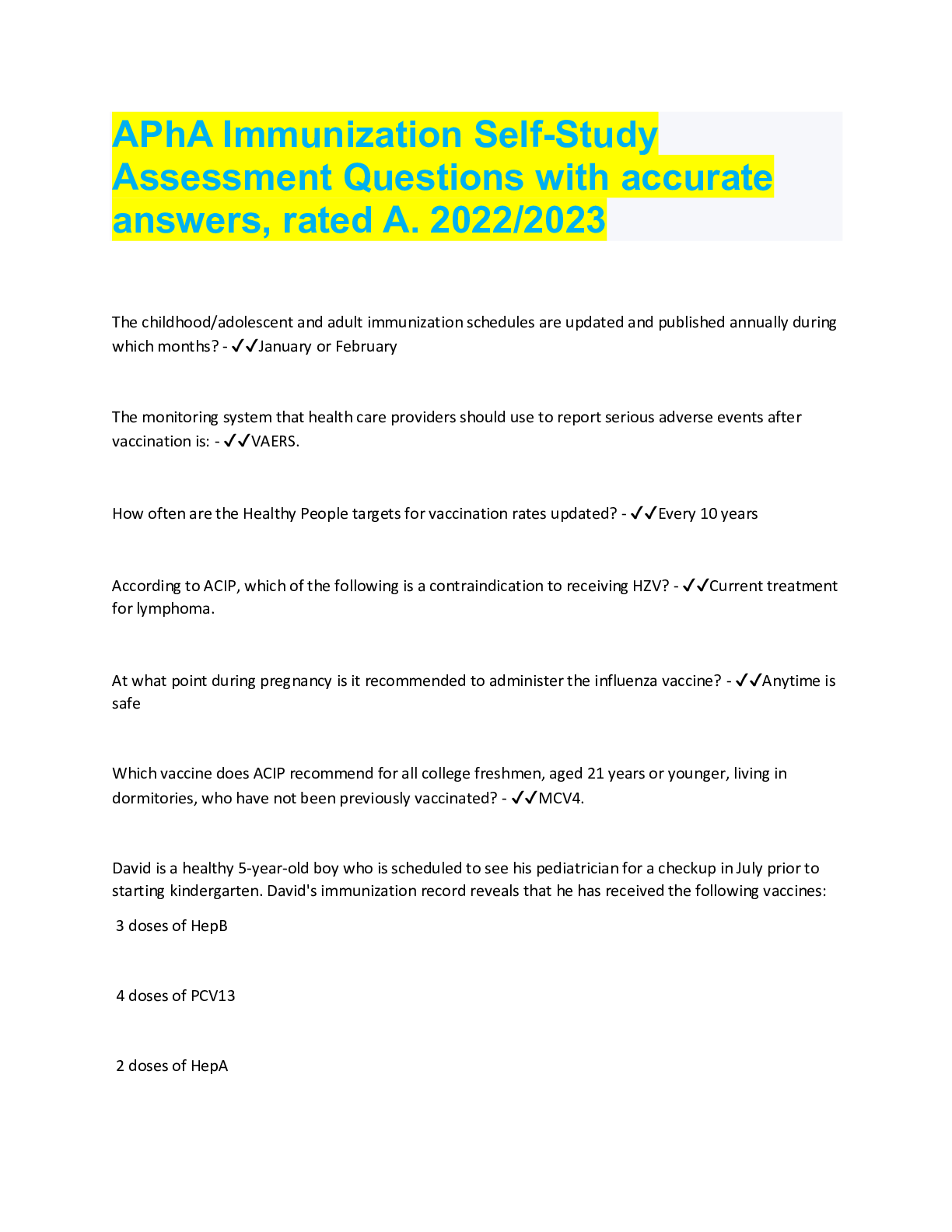 APhA Immunization Self-Study Assessment Questions with accurate answers ...