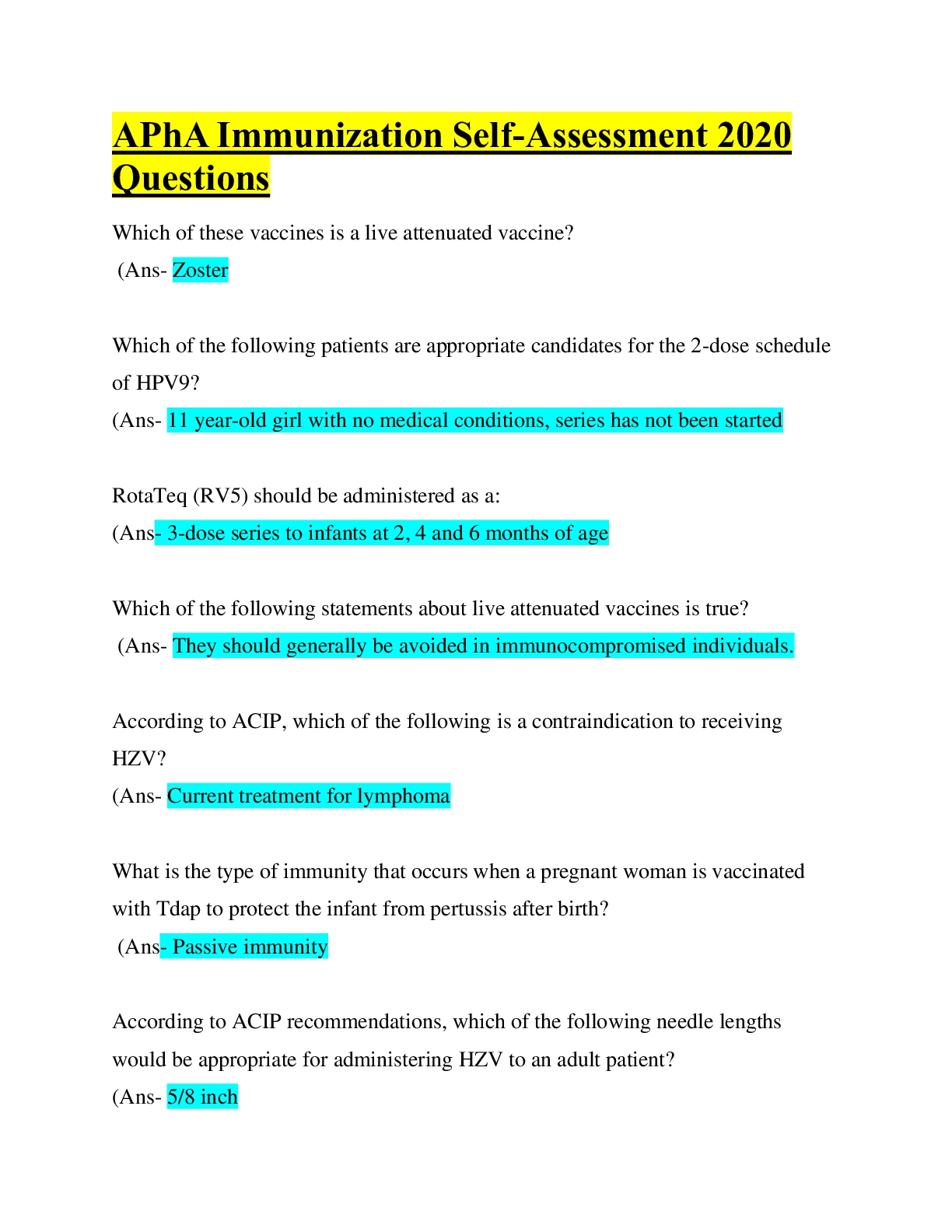 APhA Immunization Self-Assessment 2020 Questions & A+ Solution ...