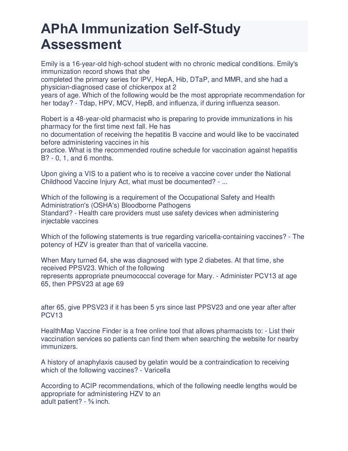 APhA Immunization Self-Study Assessment; Questions & Answers; Latest ...