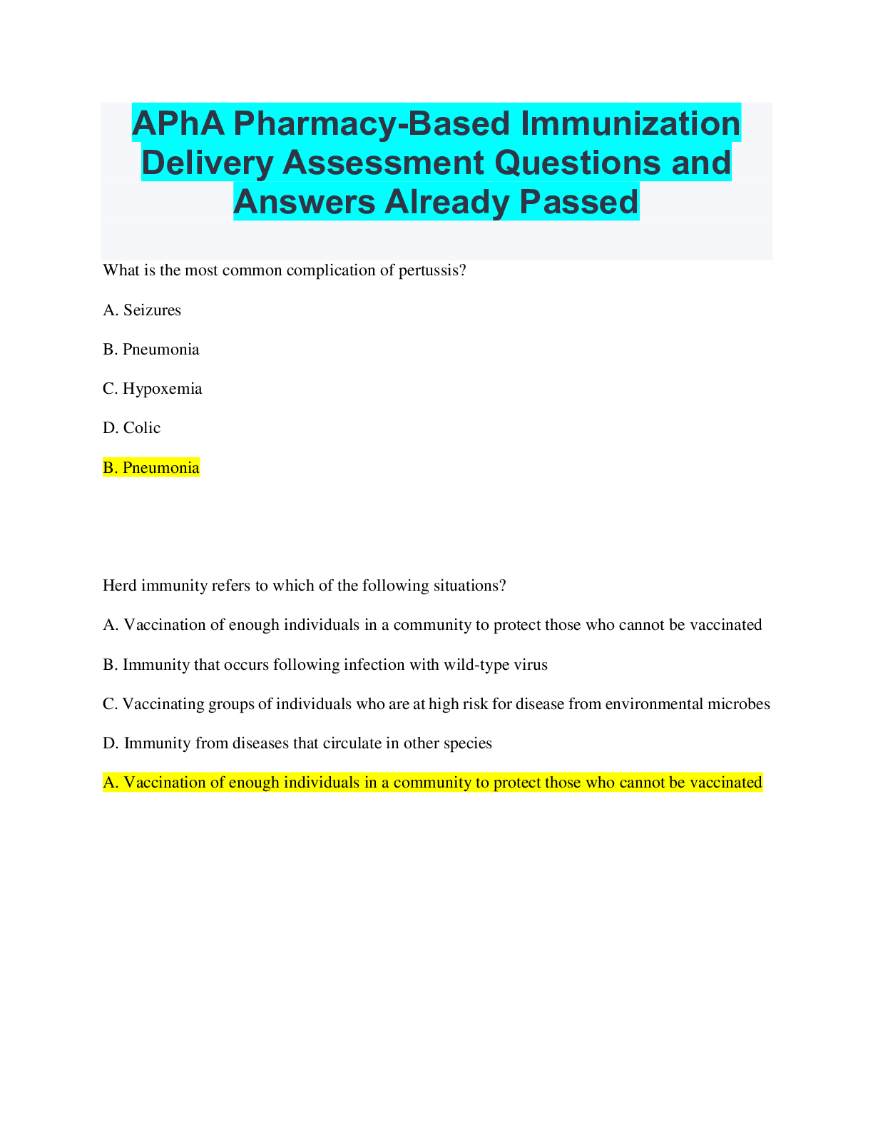 APhA Pharmacy-Based Immunization Delivery Assessment Questions and ...