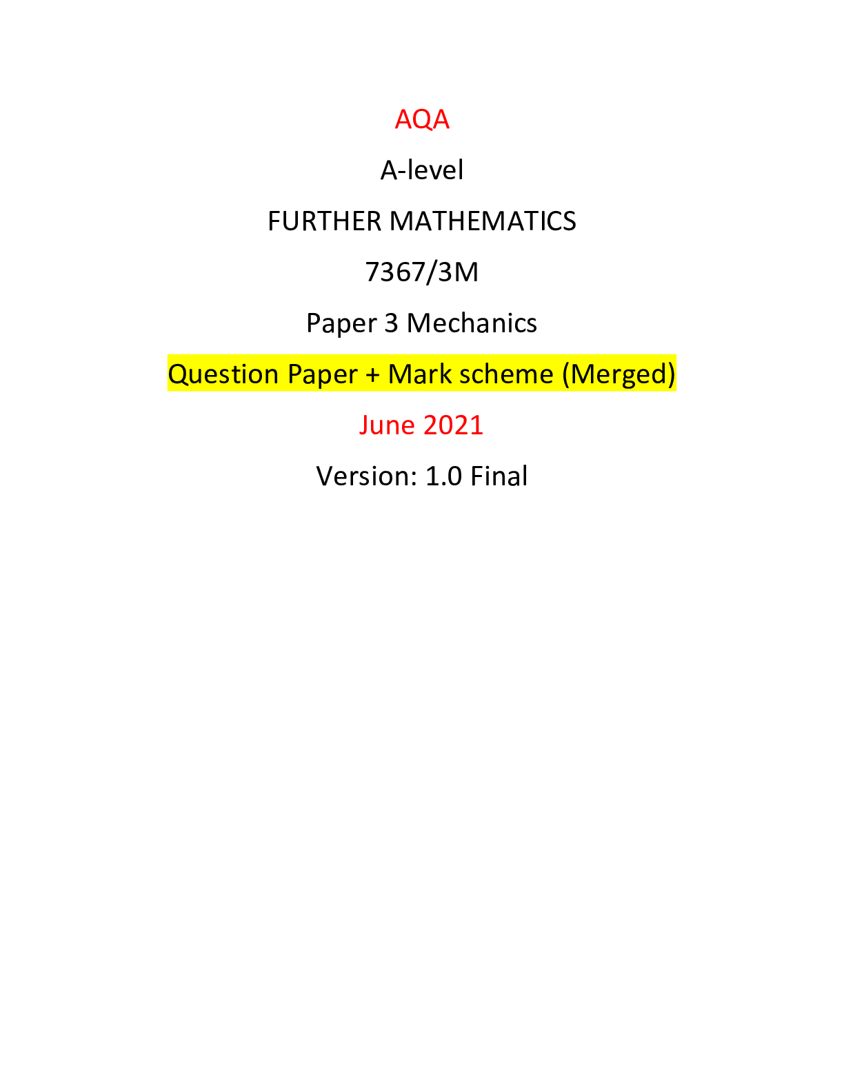 AQA A-level FURTHER MATHEMATICS 7367/3M Paper 3 Mechanics Question ...