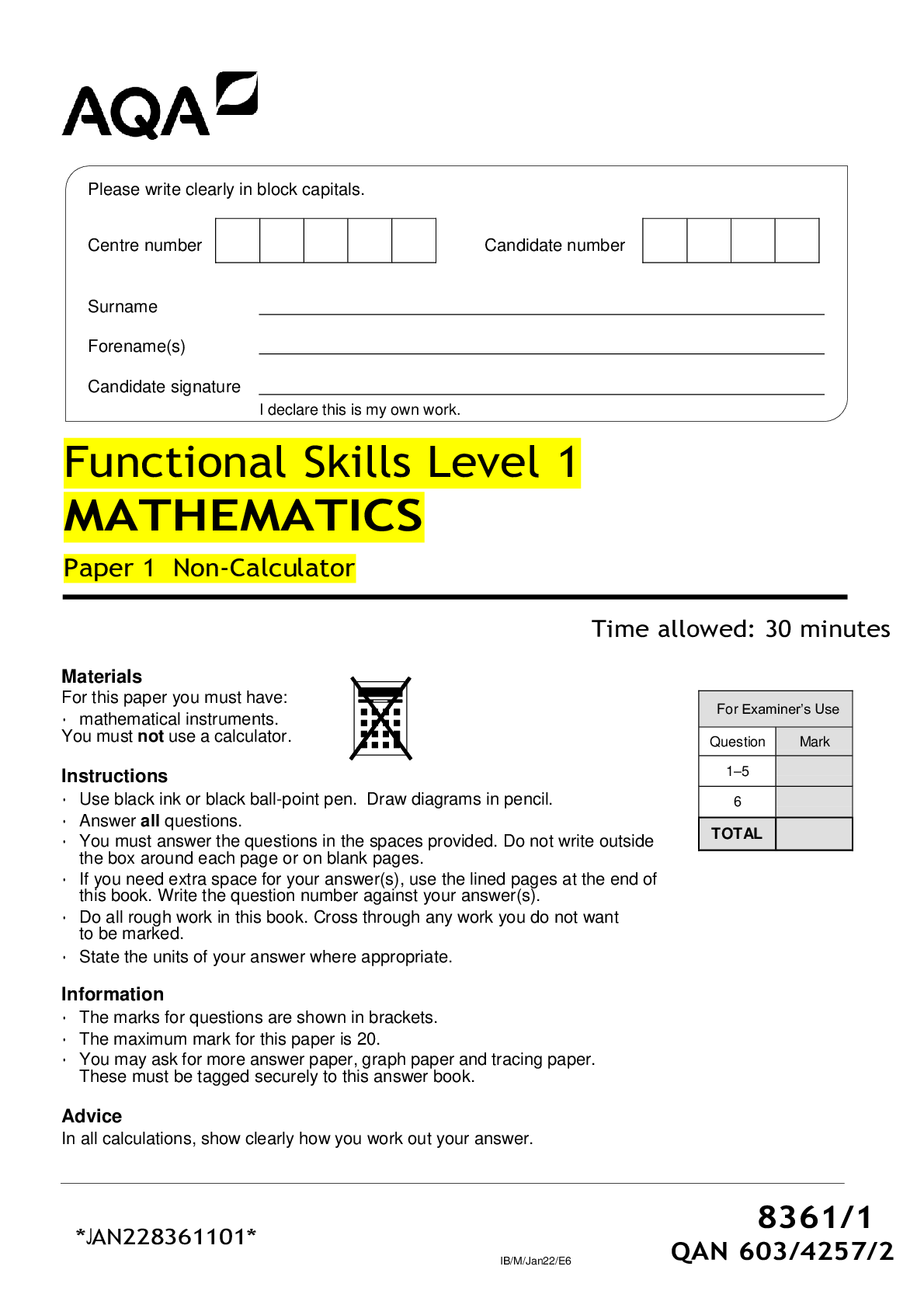 AQA MATHEMATICS 8361/1 Functional Skills Level 1 MATHEMATICS Paper 1 ...