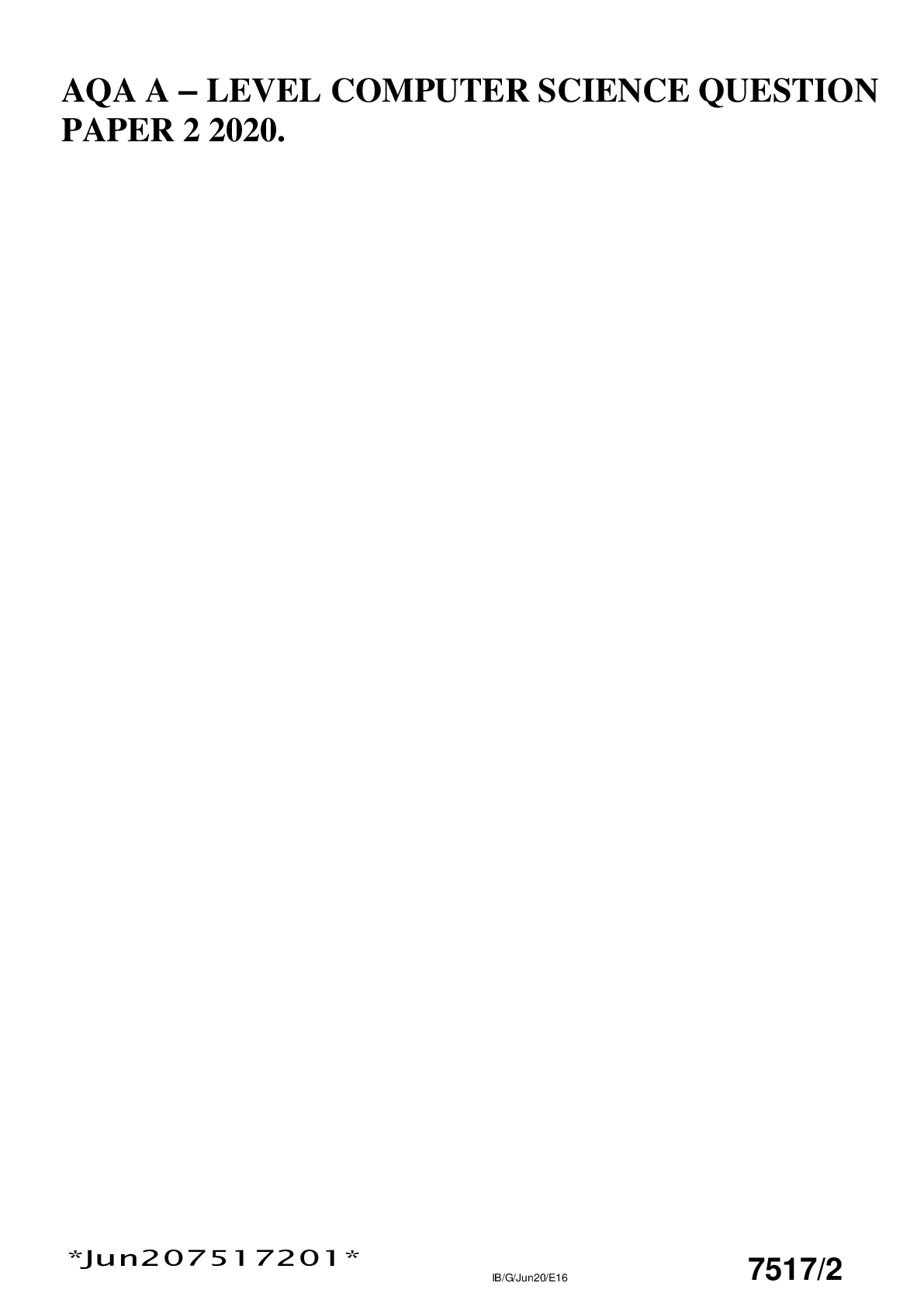 AQA A – LEVEL COMPUTER SCIENCE QUESTION PAPER 2 2020 - Scholarfriends