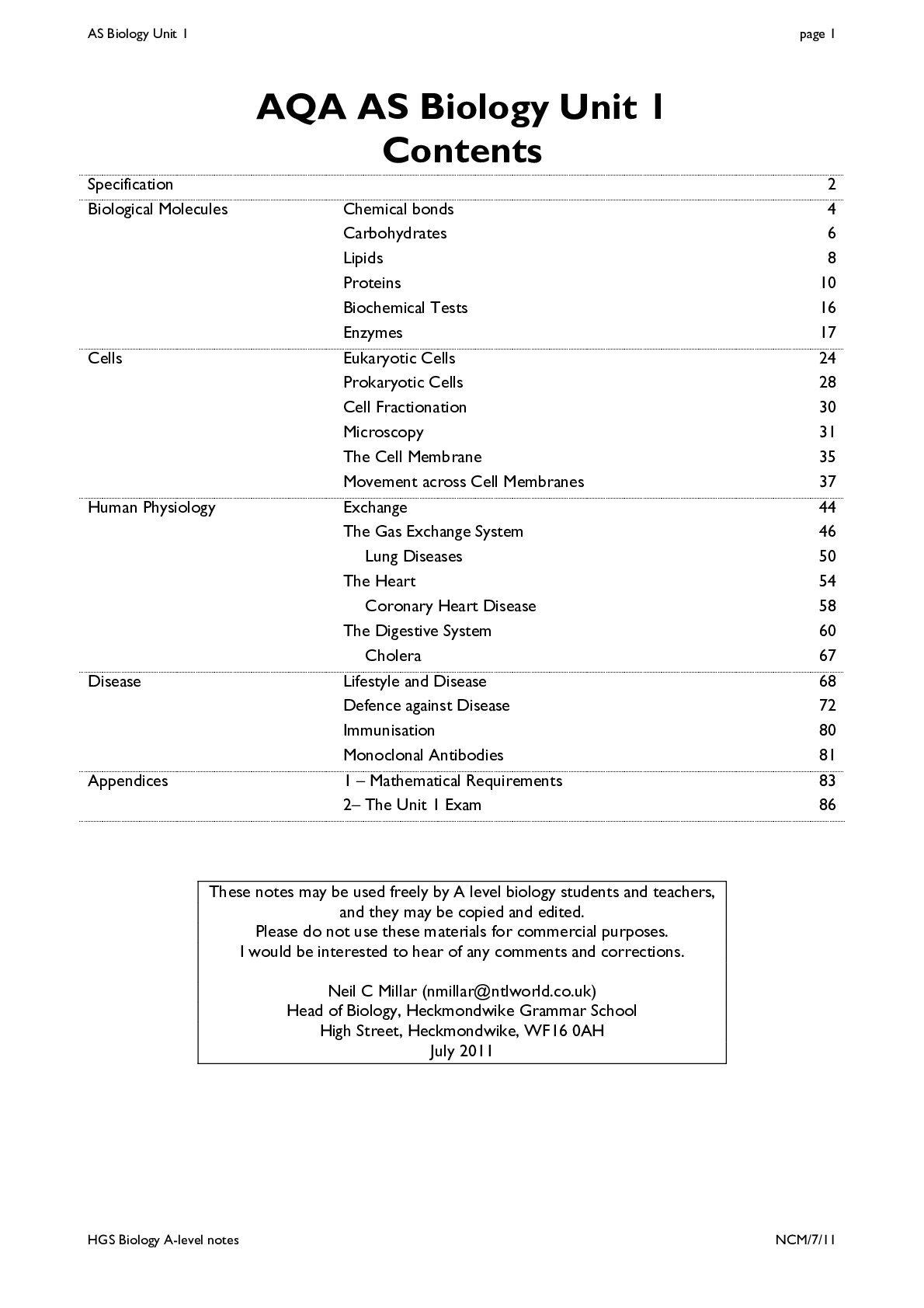 AQA AS Biology Unit 1 Contents – Scholarfriends - Scholarfriends