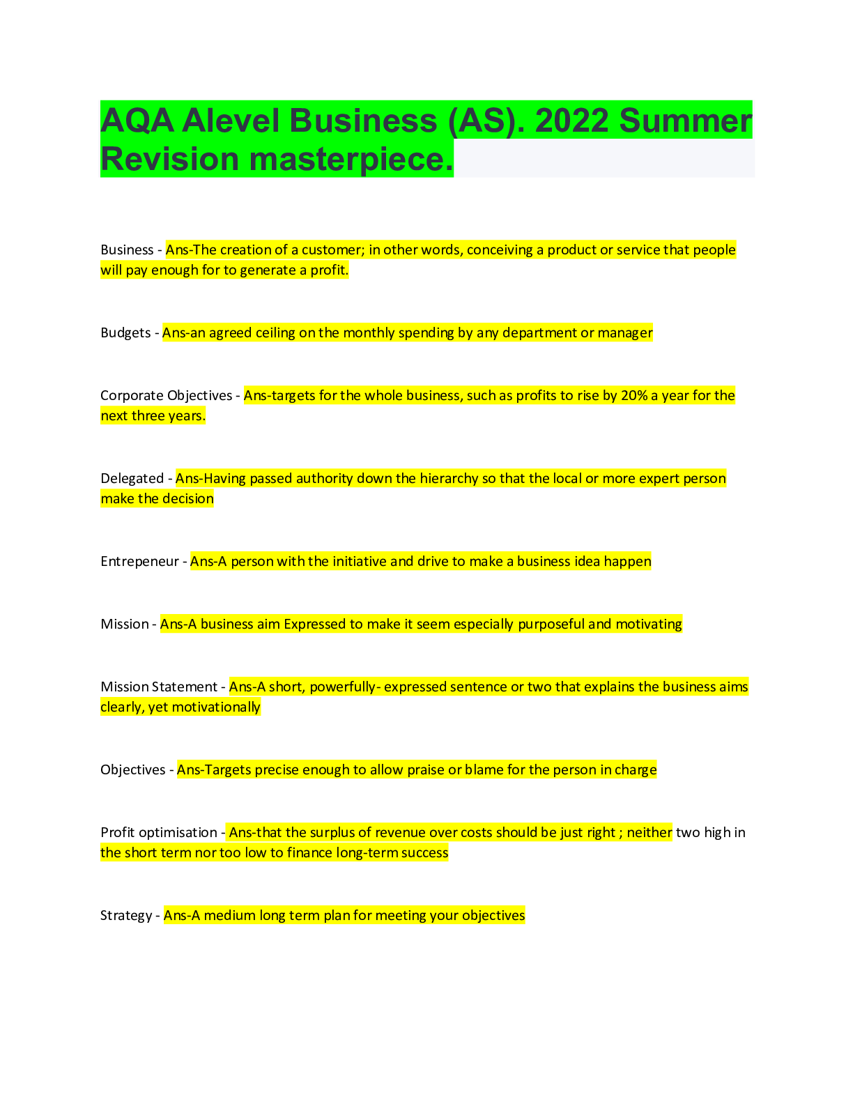 AQA Alevel Business (AS). 2022 Summer Revision masterpiece ...