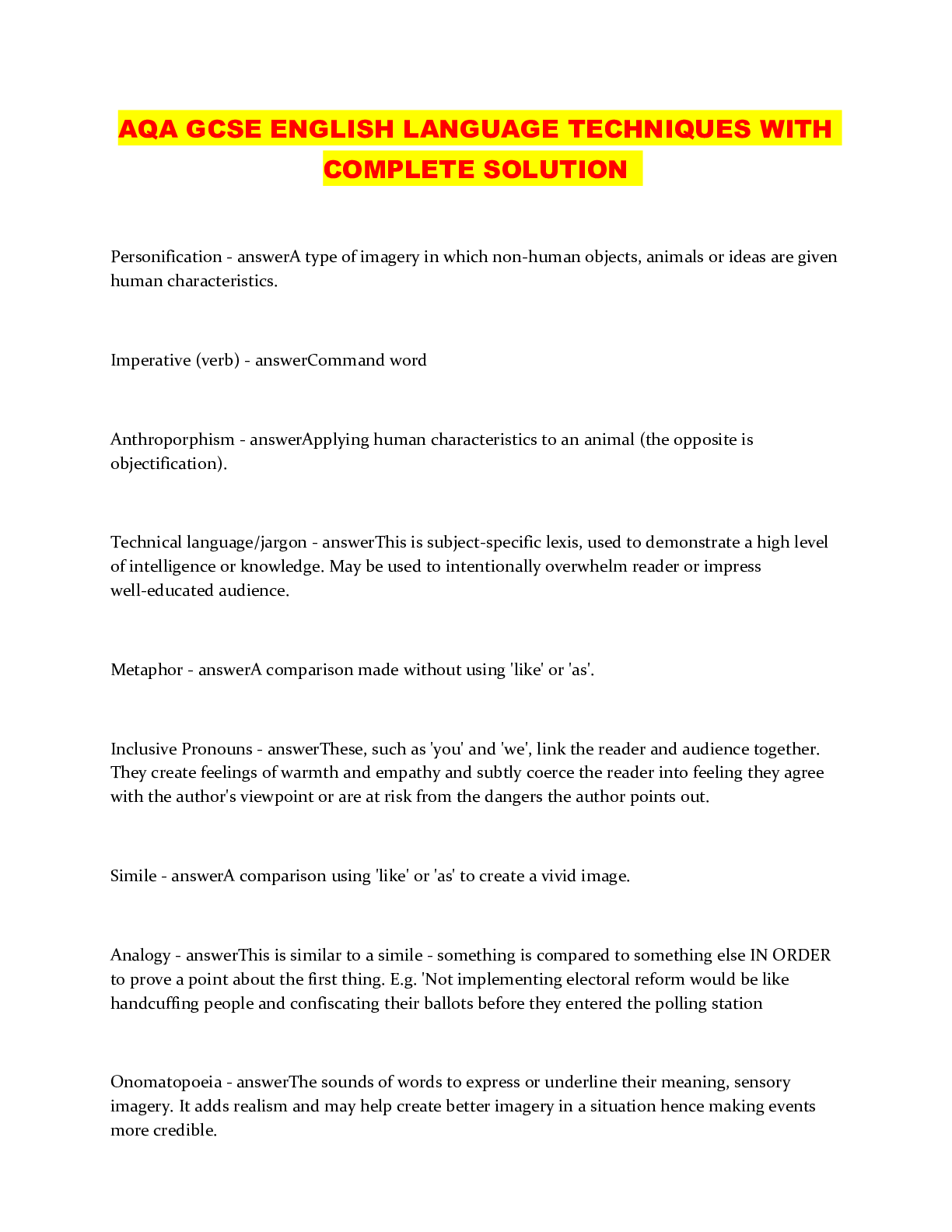 AQA GCSE ENGLISH LANGUAGE TECHNIQUES WITH COMPLETE SOLUTION ...