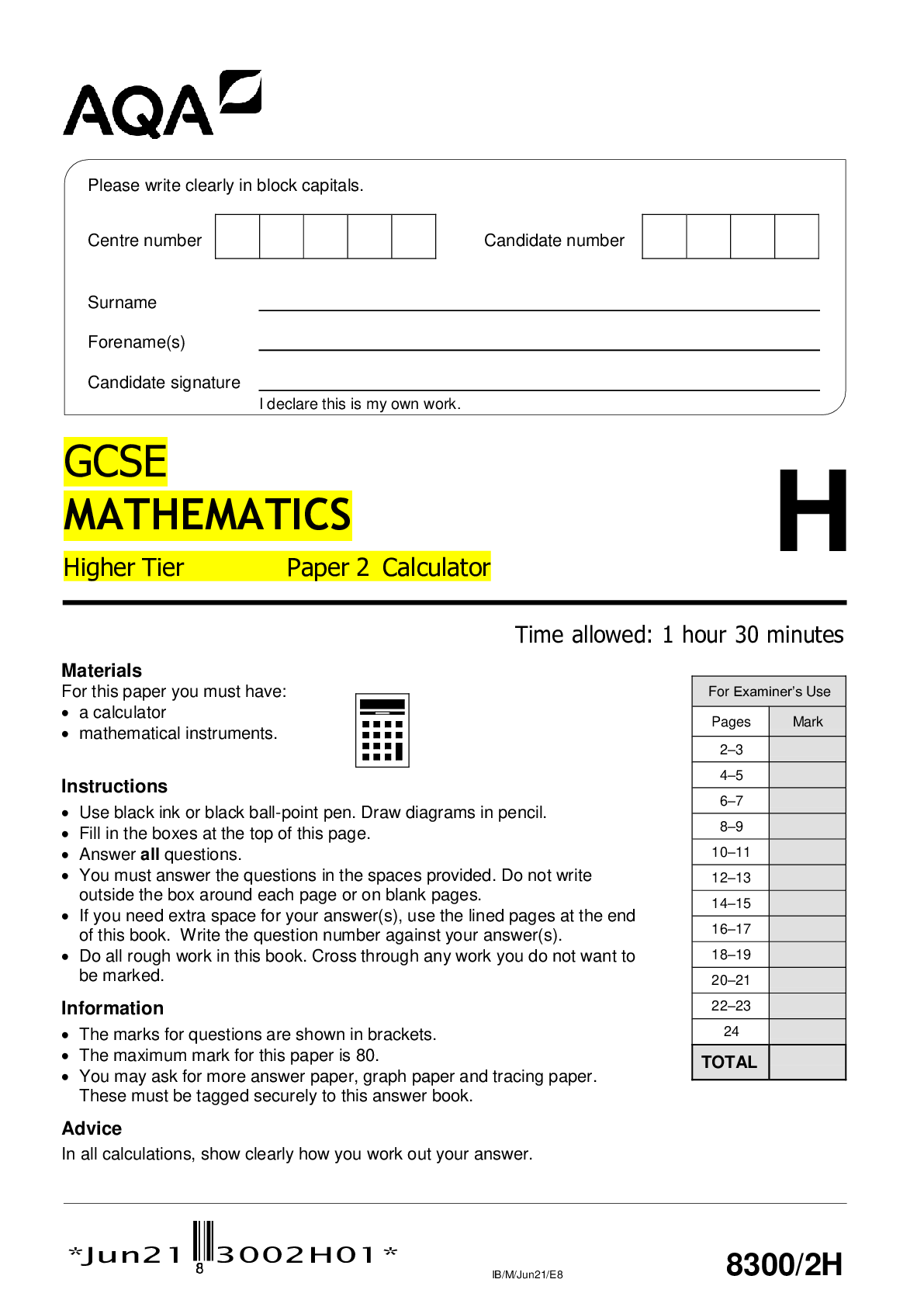 AQA GCSE A Level 8300/2 MATHEMATICS Higher Tier Paper 2 Calculator ...