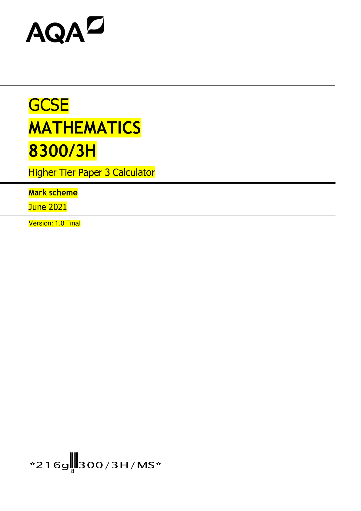 AQA GCSE A Level 8300/3 MATHEMATICS Higher Tier Paper 3 Calculator ...