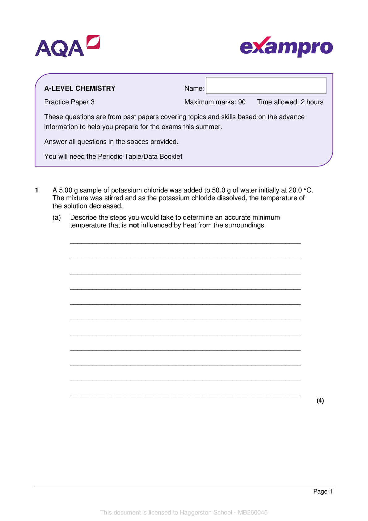 AQA_A Level Chemistry Paper 3_Question Paper 2022 | Practice paper 3 ...