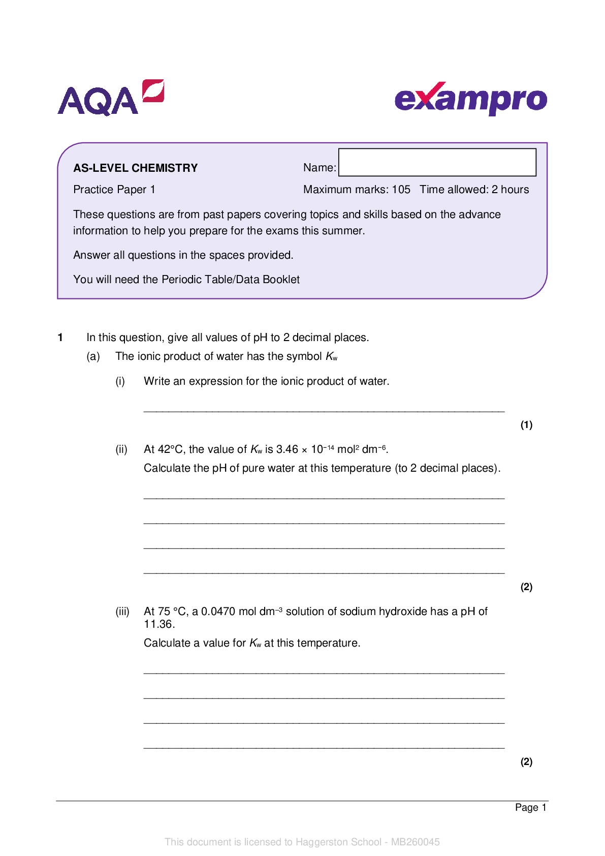 AQA_AS Level Chemistry Paper 1_Question Paper 2022 | Practice Paper 1 ...