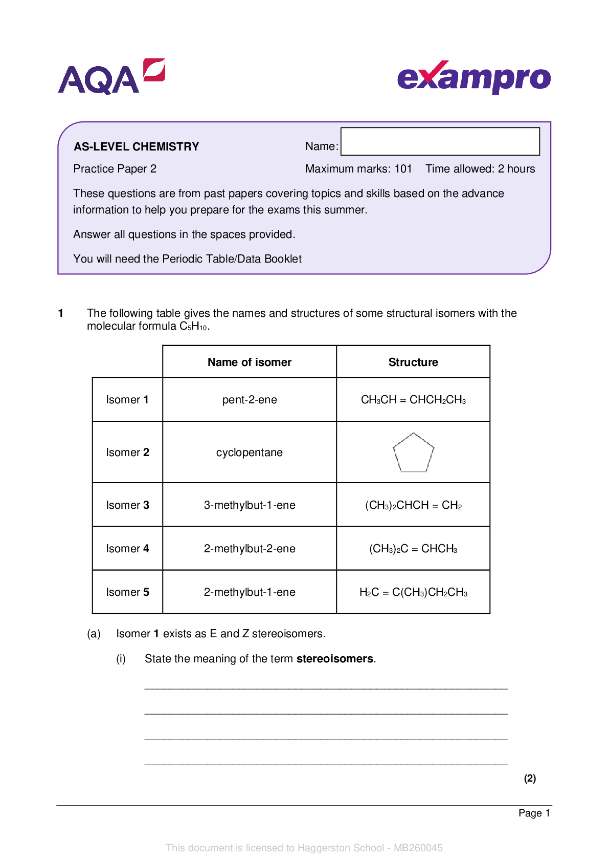 AQA_AS Level Chemistry Paper 2_Question Paper 2022 | Practice Paper 2 ...