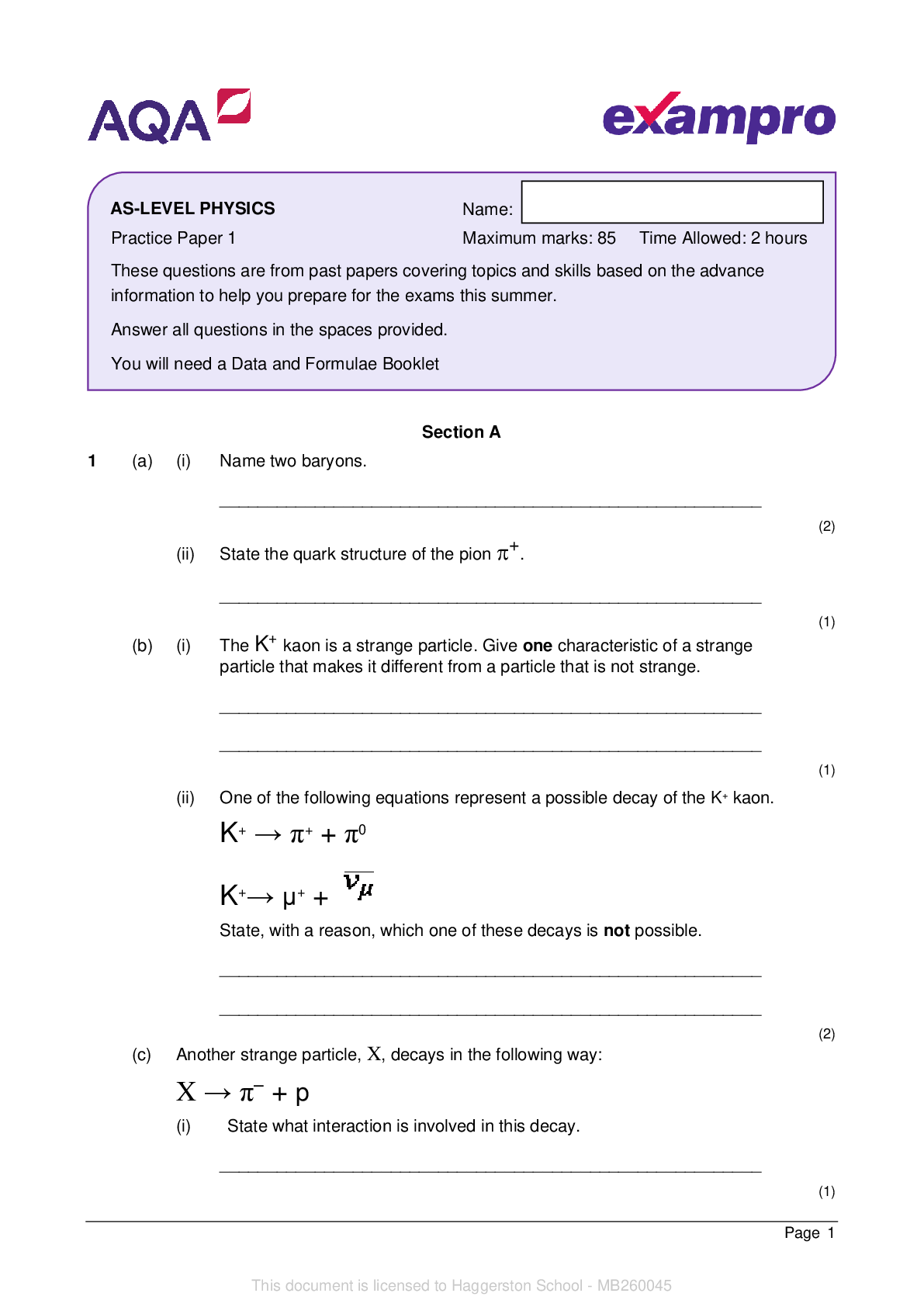 AQA_AS Level Physics Paper 1_Question Paper 2022 | Practice Paper 1 ...