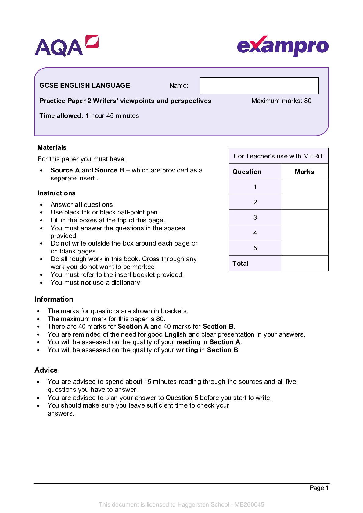 AQA_GCSE English Language Paper 2_Question Paper 2022 | Practice Paper ...