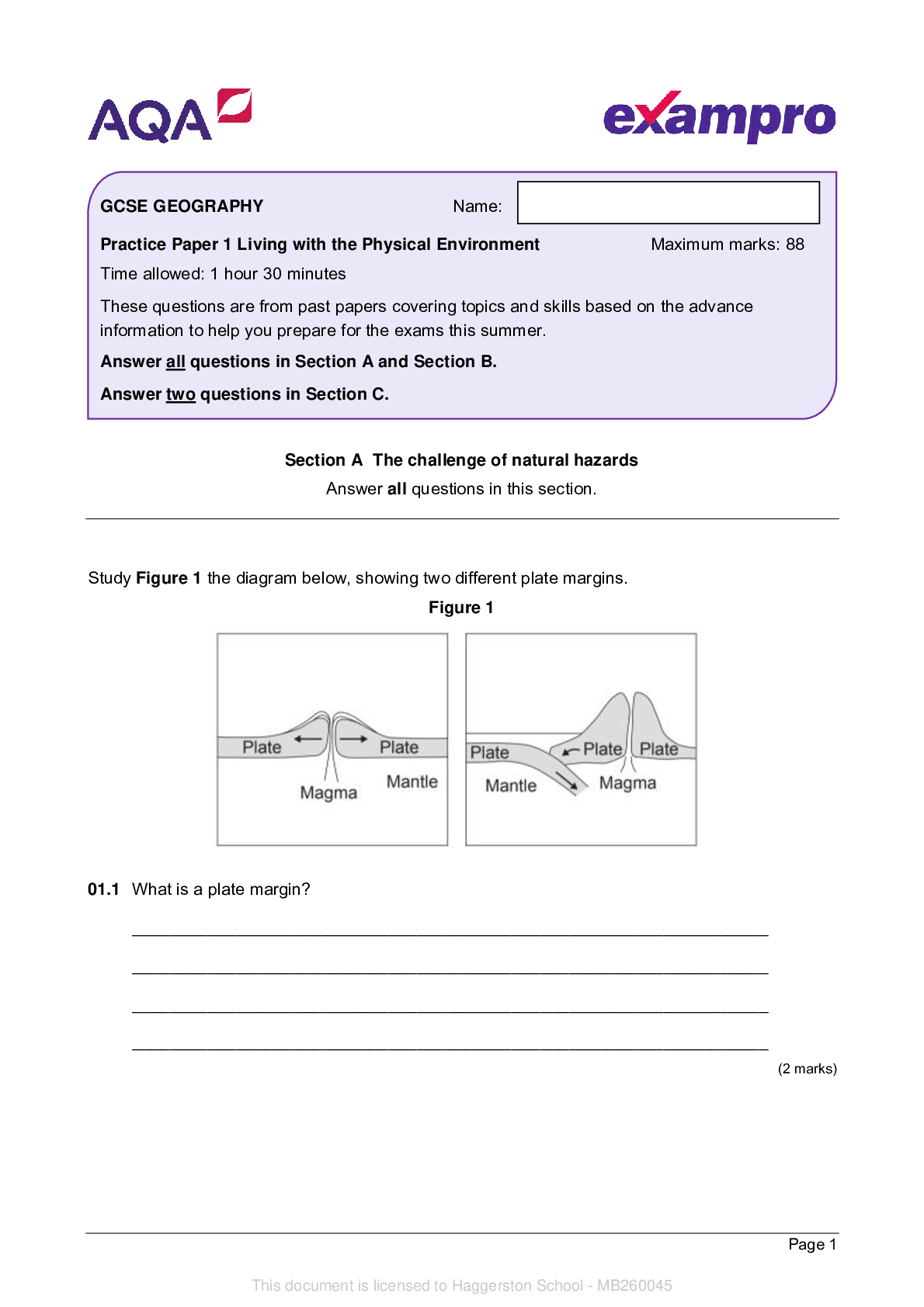 AQA_GCSE Geography Paper 1_Question Paper 2022 | Practice Paper 1 ...