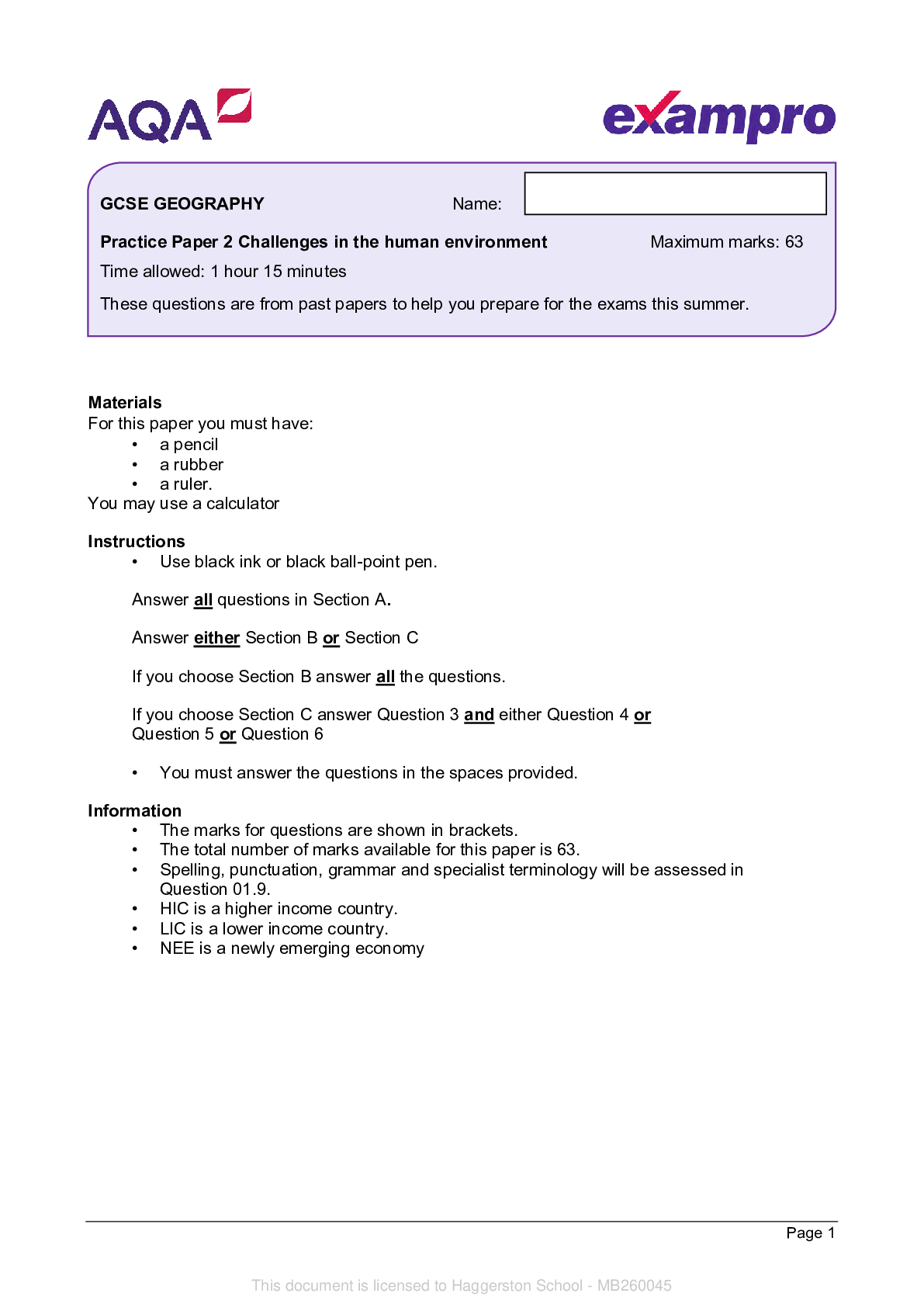 AQA_GCSE Geography Paper 2_Question Paper 2022 | Practice Paper 2 ...