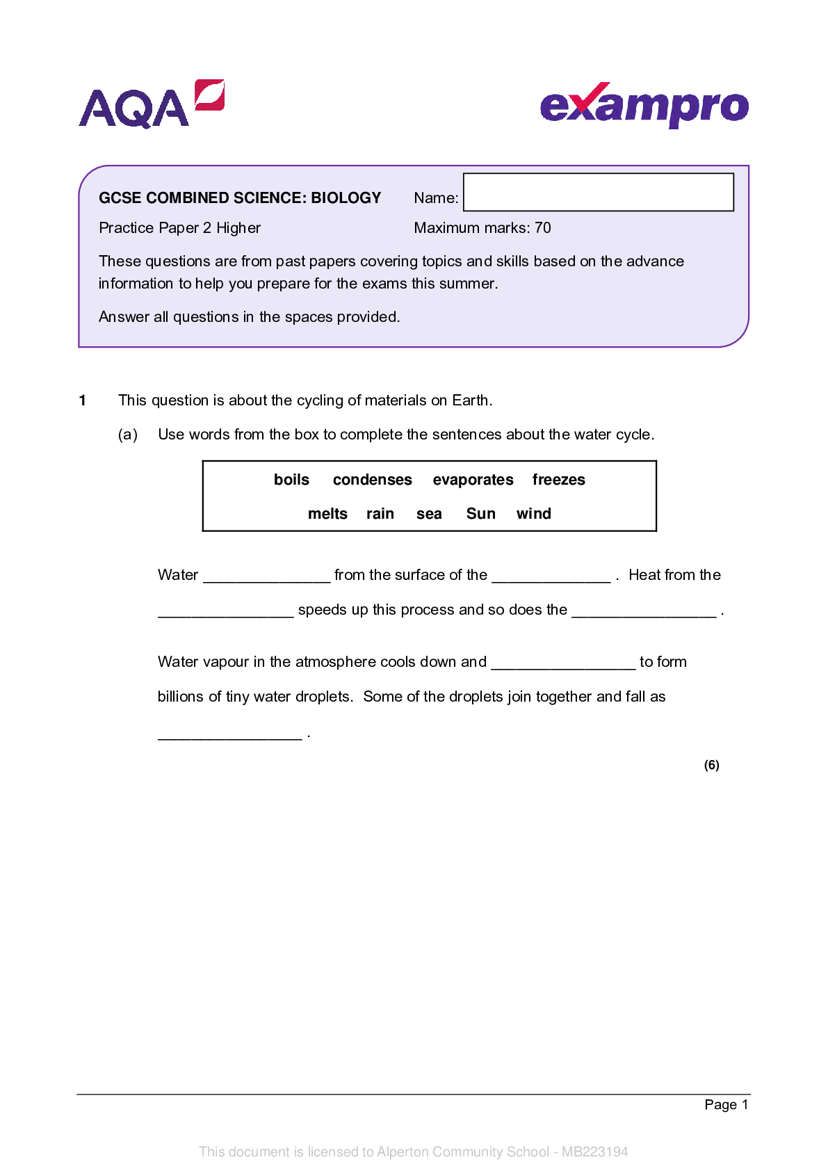 AQA_GCSE Trilogy Biology 2H Question paper 2022 | Practice Paper 2 ...
