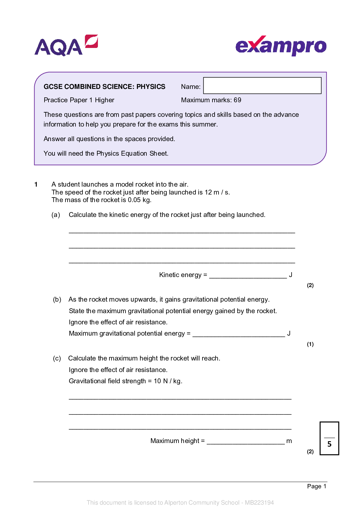 AQA_GCSE Trilogy Physics 1H_Question Paper 2022 | Practice Paper 1 ...