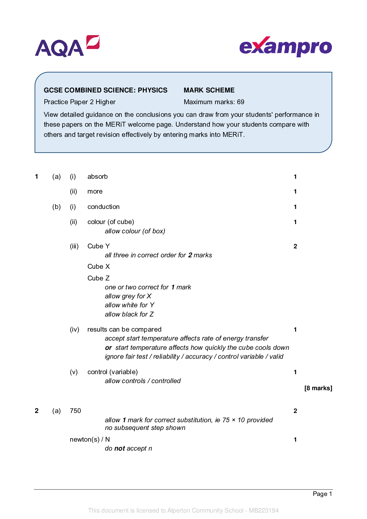AQA_GCSE Trilogy Physics 2H_Mark Scheme 2022 | Practice Paper 2 Higher ...
