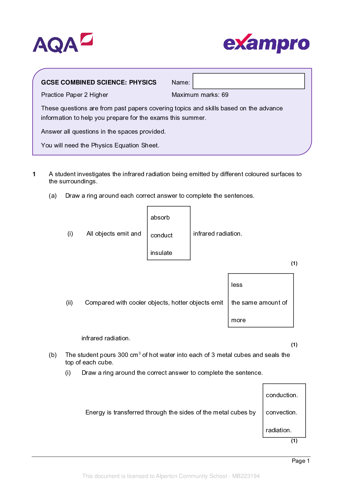 AQA_GCSE Trilogy Physics 2H_Question Paper 2022 | Practice Paper 2 ...