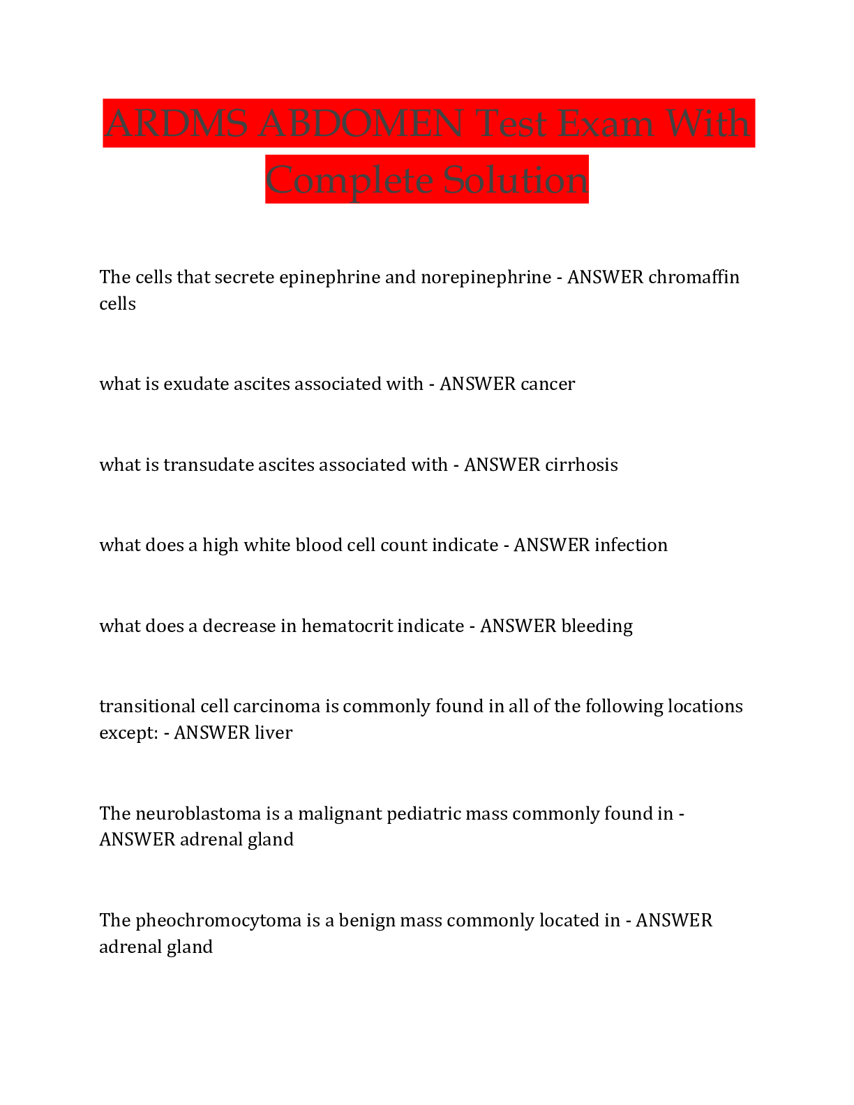 ARDMS ABDOMEN Test Exam With Complete Solution - Scholarfriends