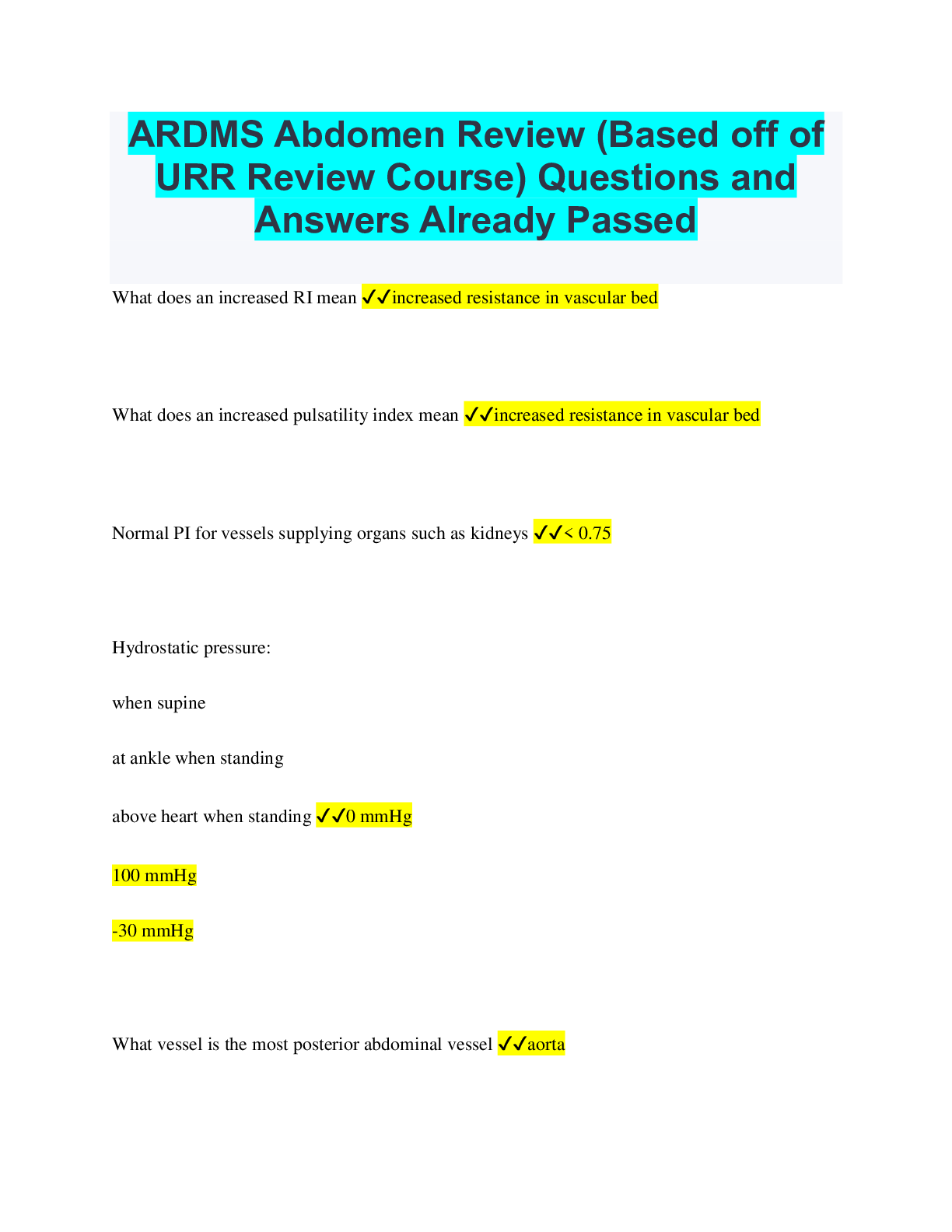 ARDMS Abdomen Review (Based off of URR Review Course) Questions and ...