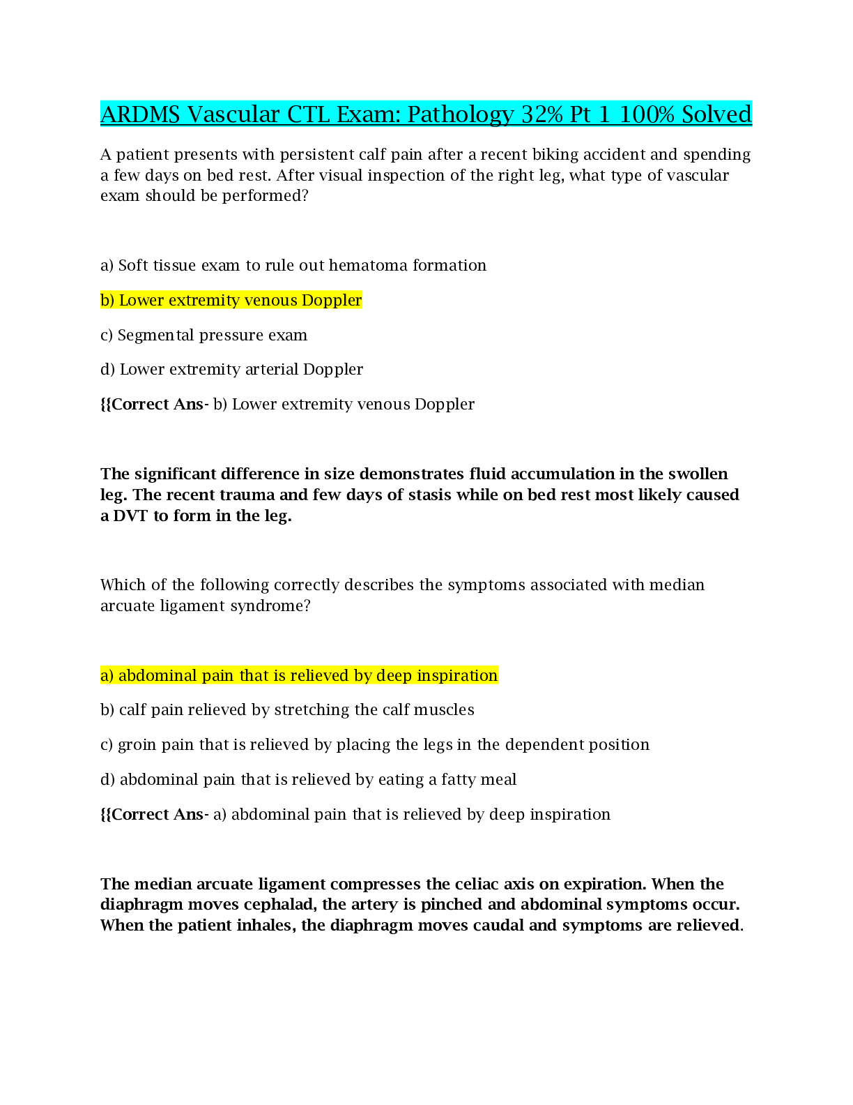 ARDMS Vascular CTL Exam: Pathology 32% Pt 1 100% Solved | Kaplan ...