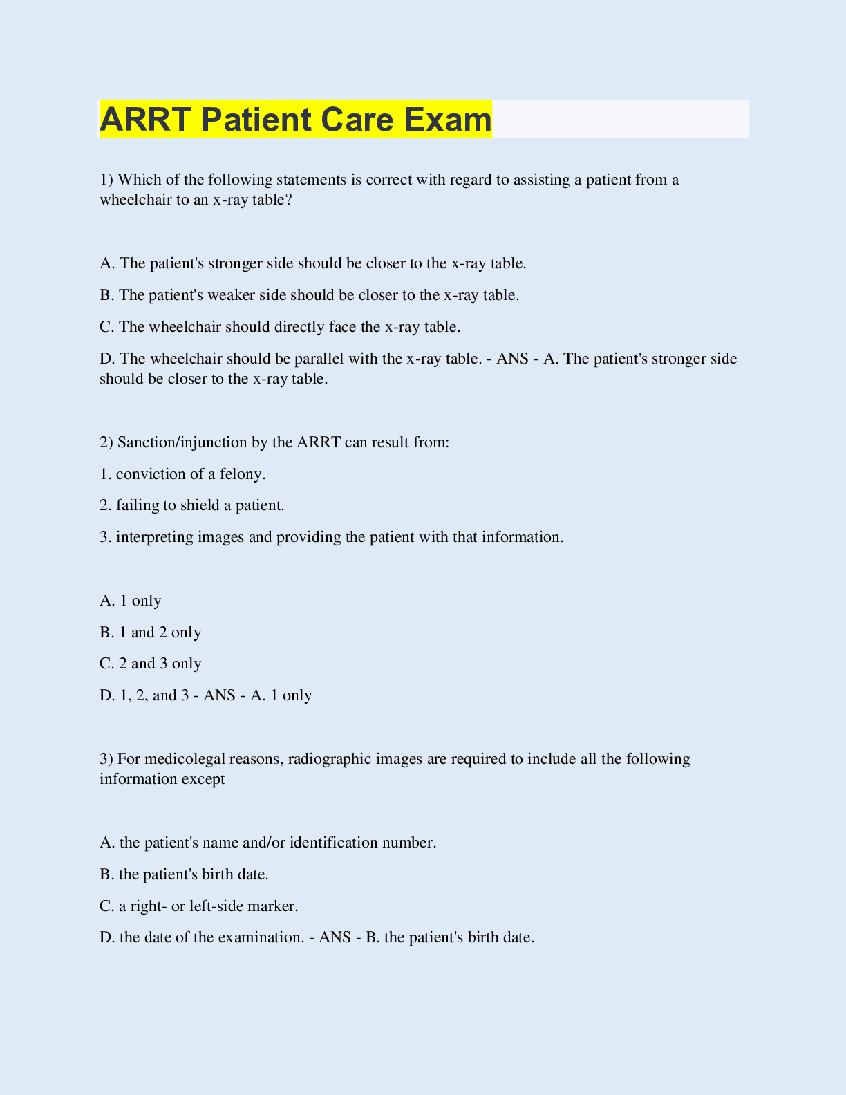 ARRT Patient Care Exam - Scholarfriends