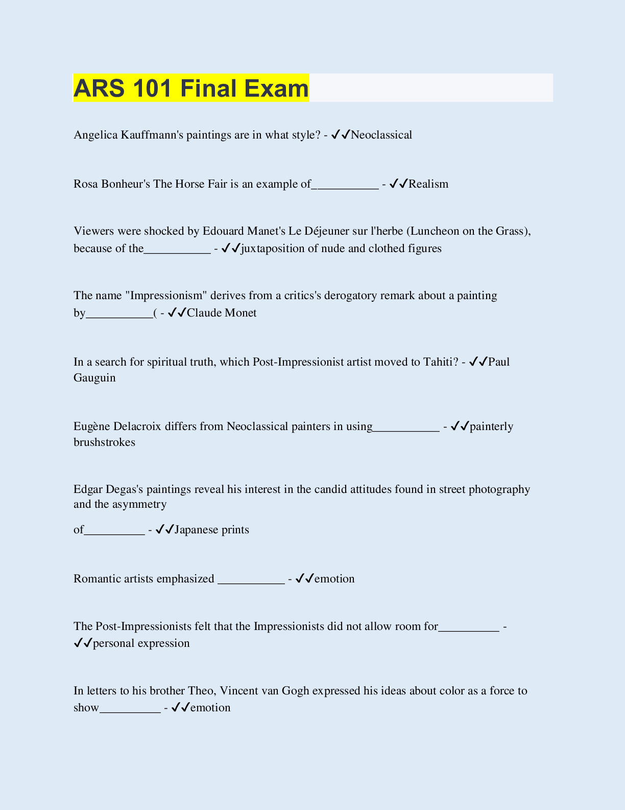 ARS 101 Final Exam | 50 Questions with 100% Correct Answers | Updated ...