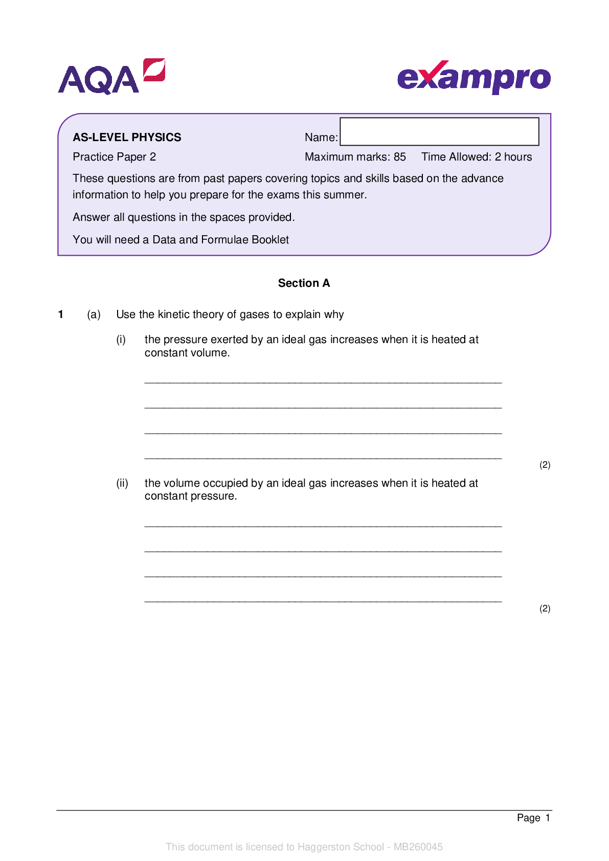 AQA_AS-LEVEL PHYSICS. Exampro. QUESTION PAPER. Practice Paper 2 ...