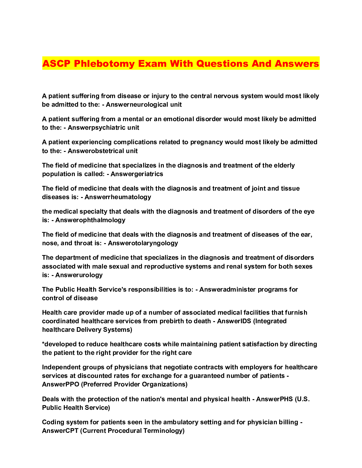 ASCP Phlebotomy Exam With Questions And Answers - Scholarfriends