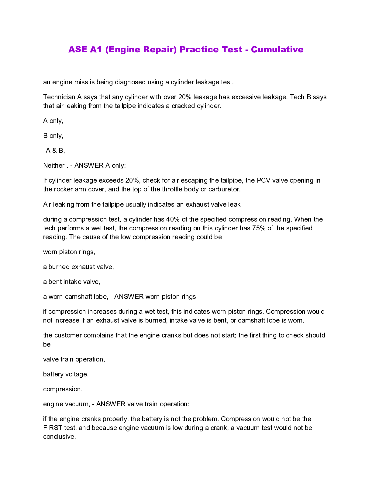 ASE A1 (Engine Repair) Practice Test - Cumulative - Scholarfriends