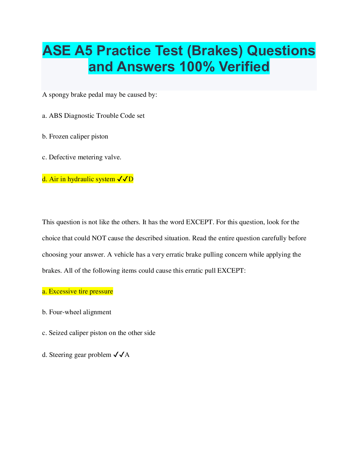 ASE A5 Practice Test (Brakes) Questions and Answers 100% Verified ...