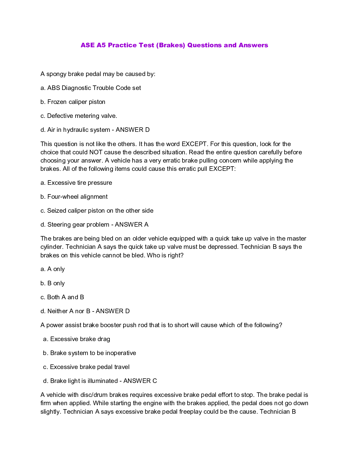 ASE A5 Practice Test (Brakes) Questions and Answers - Scholarfriends