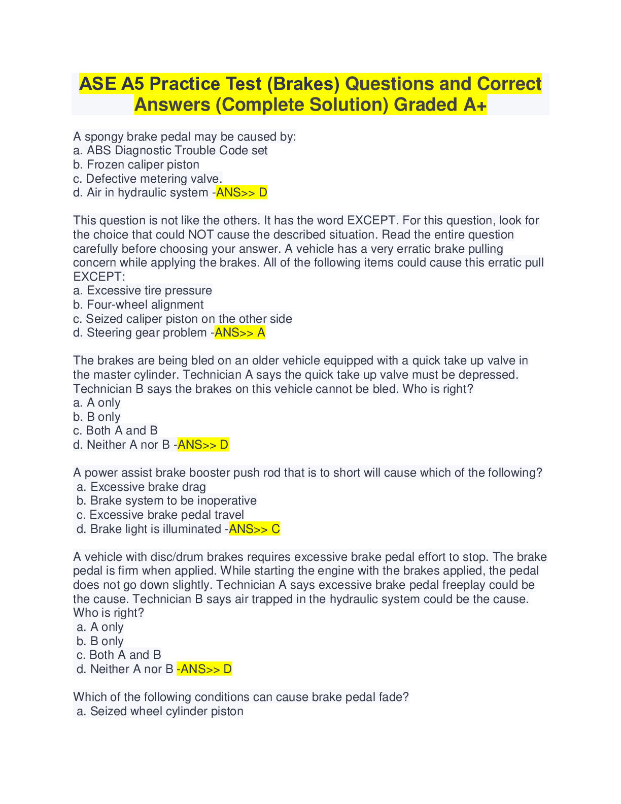 ASE A5 Practice Test (Brakes) Questions and Correct Answers (Complete ...