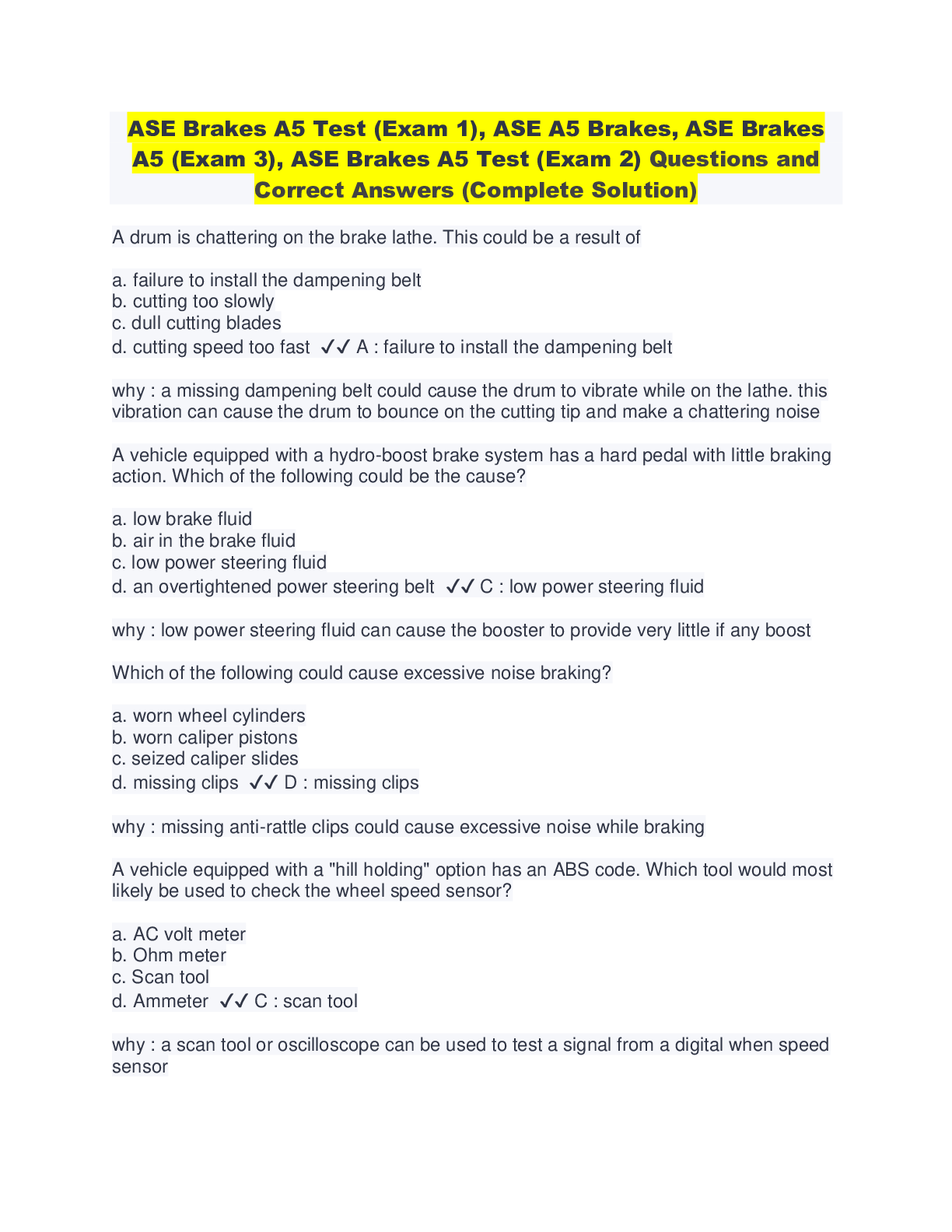 ASE Brakes A5 Test (Exam 1), ASE A5 Brakes, ASE Brakes A5 (Exam 3), ASE ...