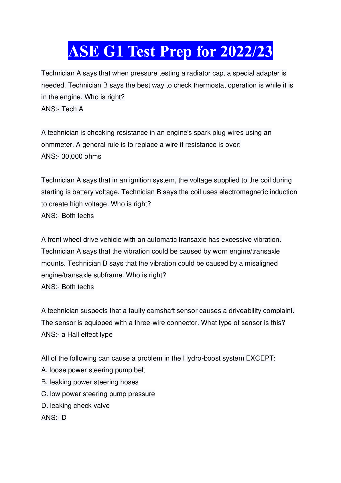 ASE G1 Test Prep for 2022/23 - Scholarfriends