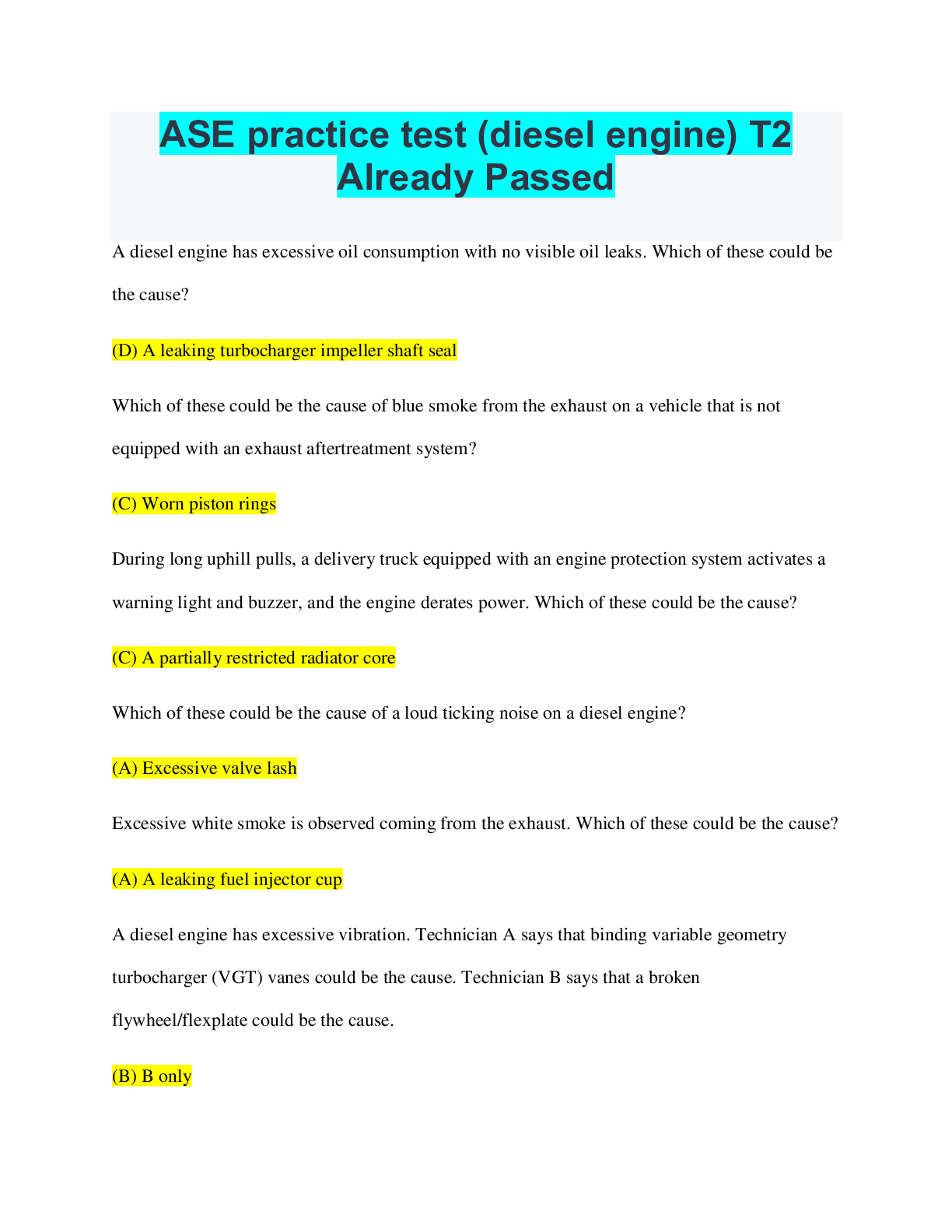 ASE practice test (diesel engine) T2 Already Passed - Scholarfriends