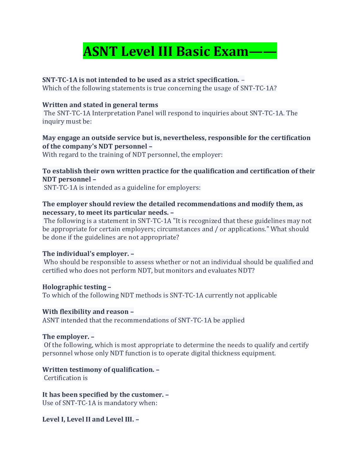 ASNT Level III Basic Exam Questions And Answers 2022/2023/ Download to ...