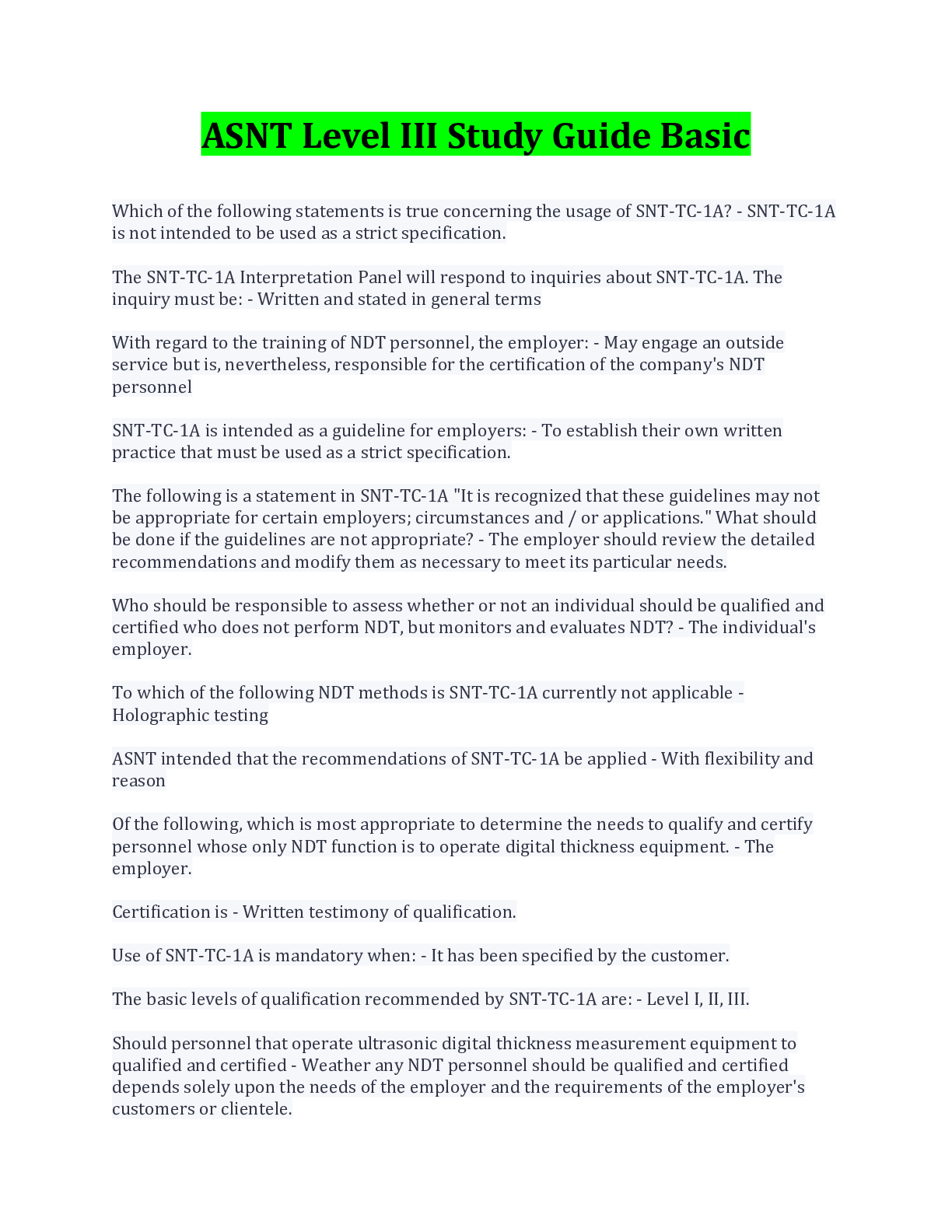 ASNT Level III Study Guide Basic | All Answers are Correct - Scholarfriends