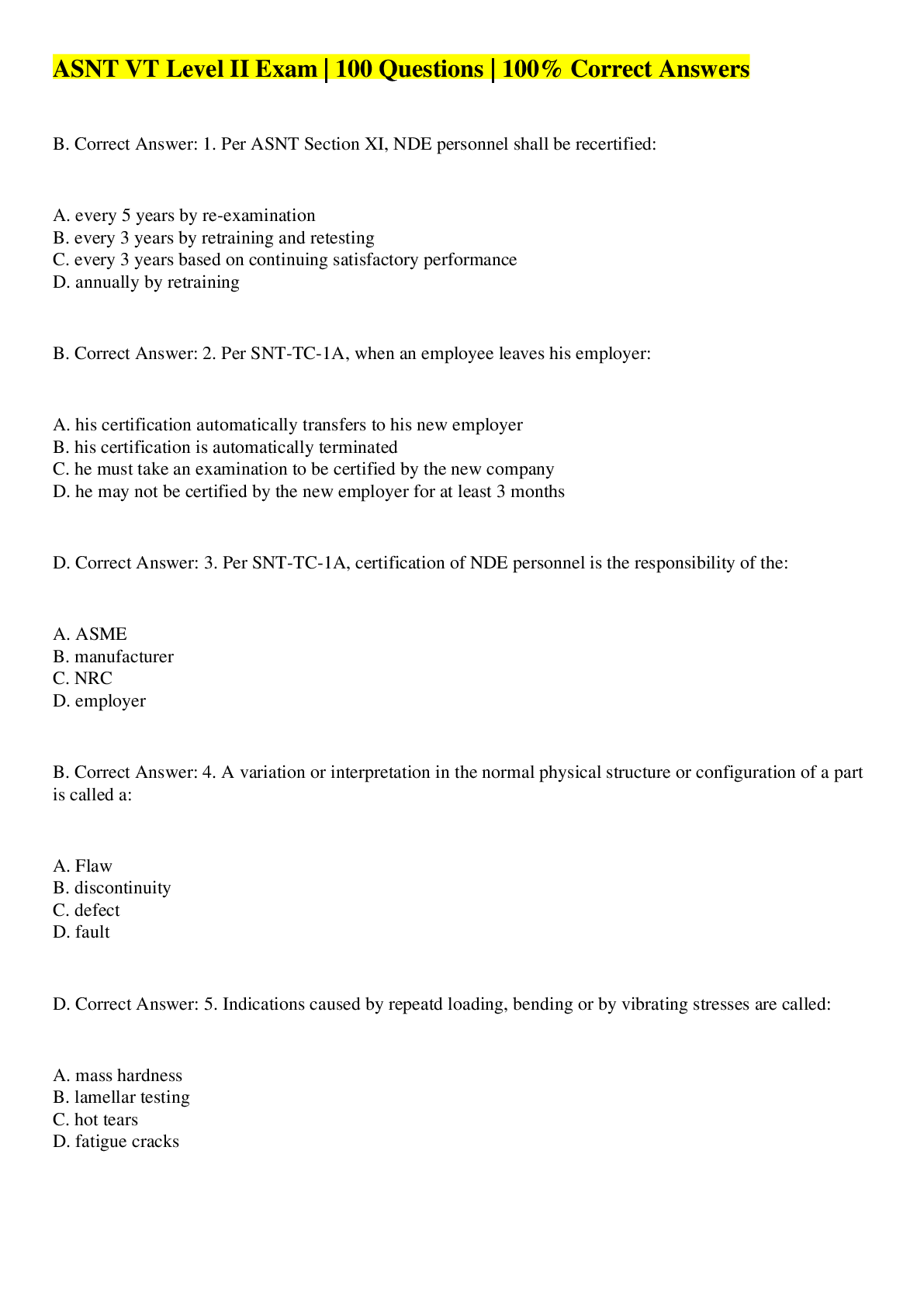 ASNT VT Level II Exam | 100 Questions | 100% Correct Answers ...