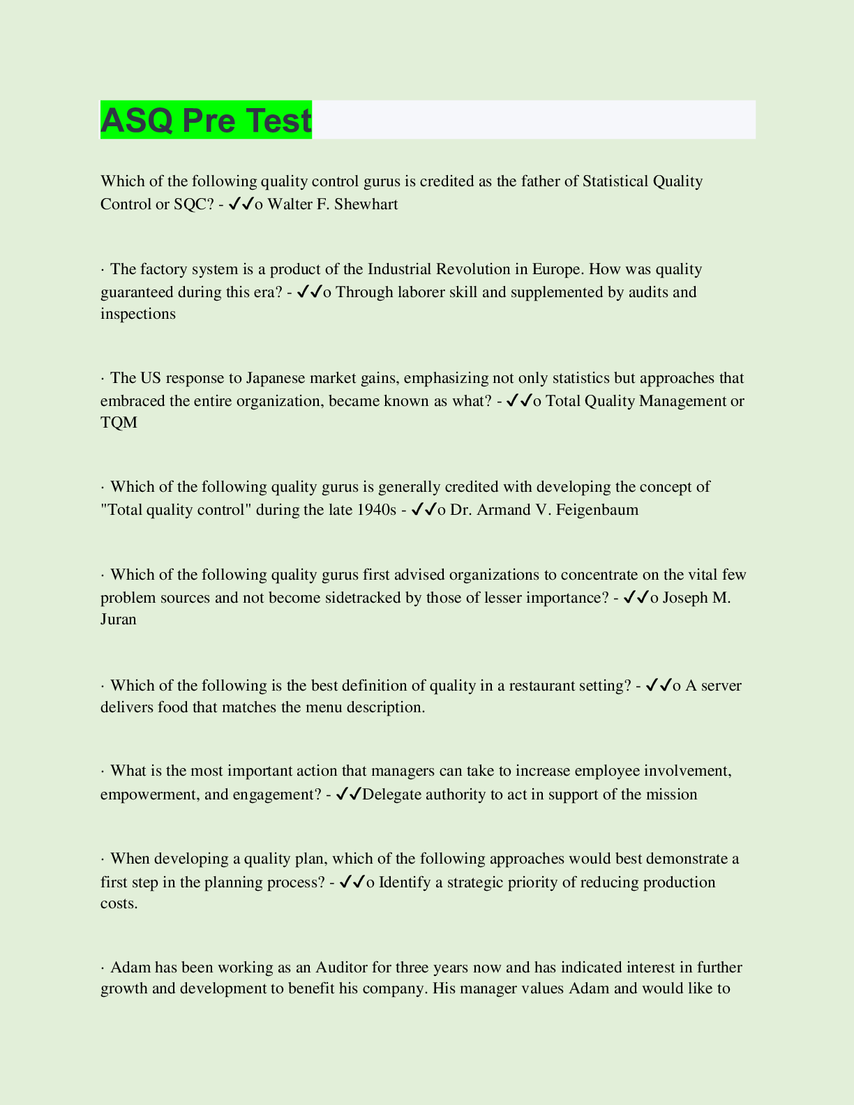 ASQ Pre Test | 60 Questions with 100% Correct Answers | Updated ...