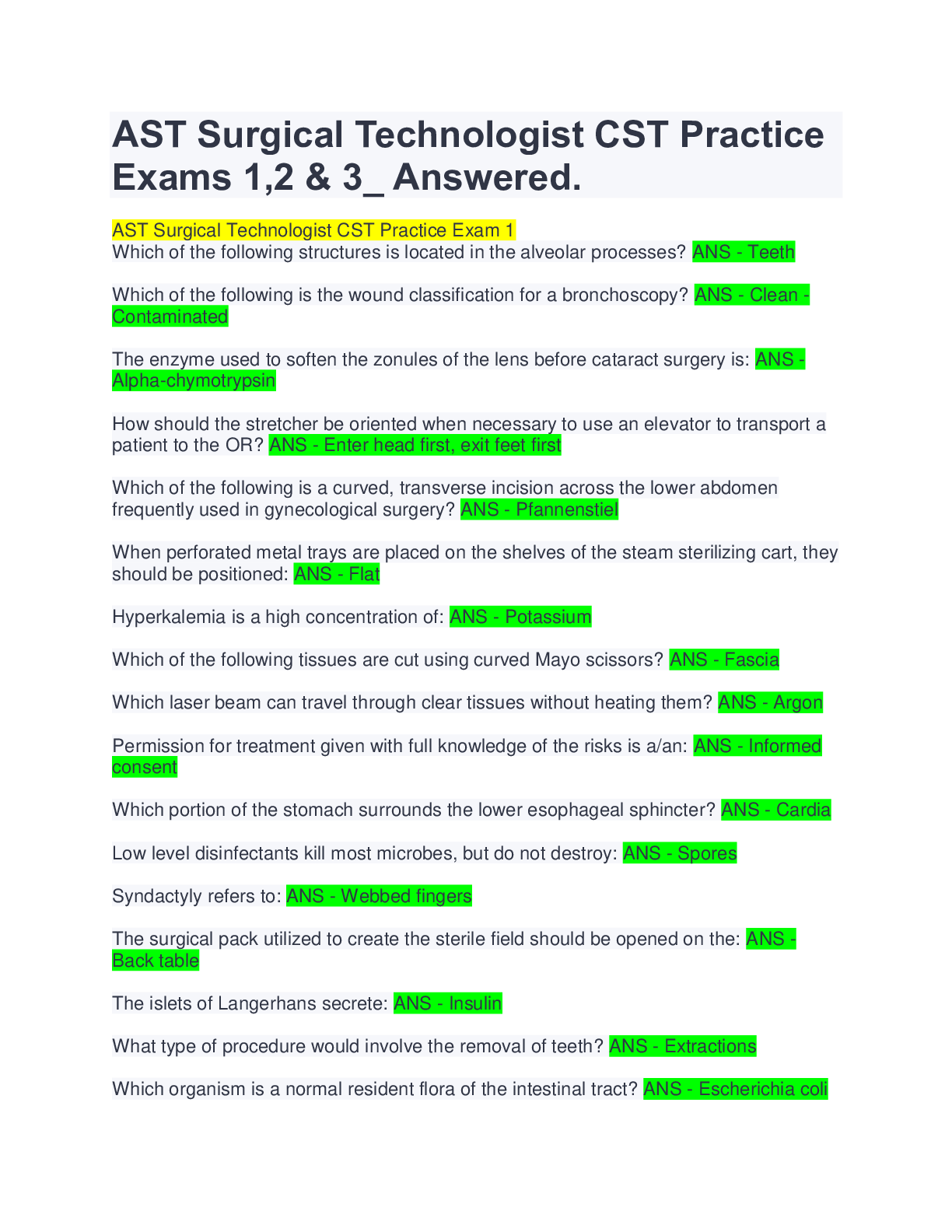 AST Surgical Technologist CST Practice Exams 1,2 & 3_ Answered latest ...