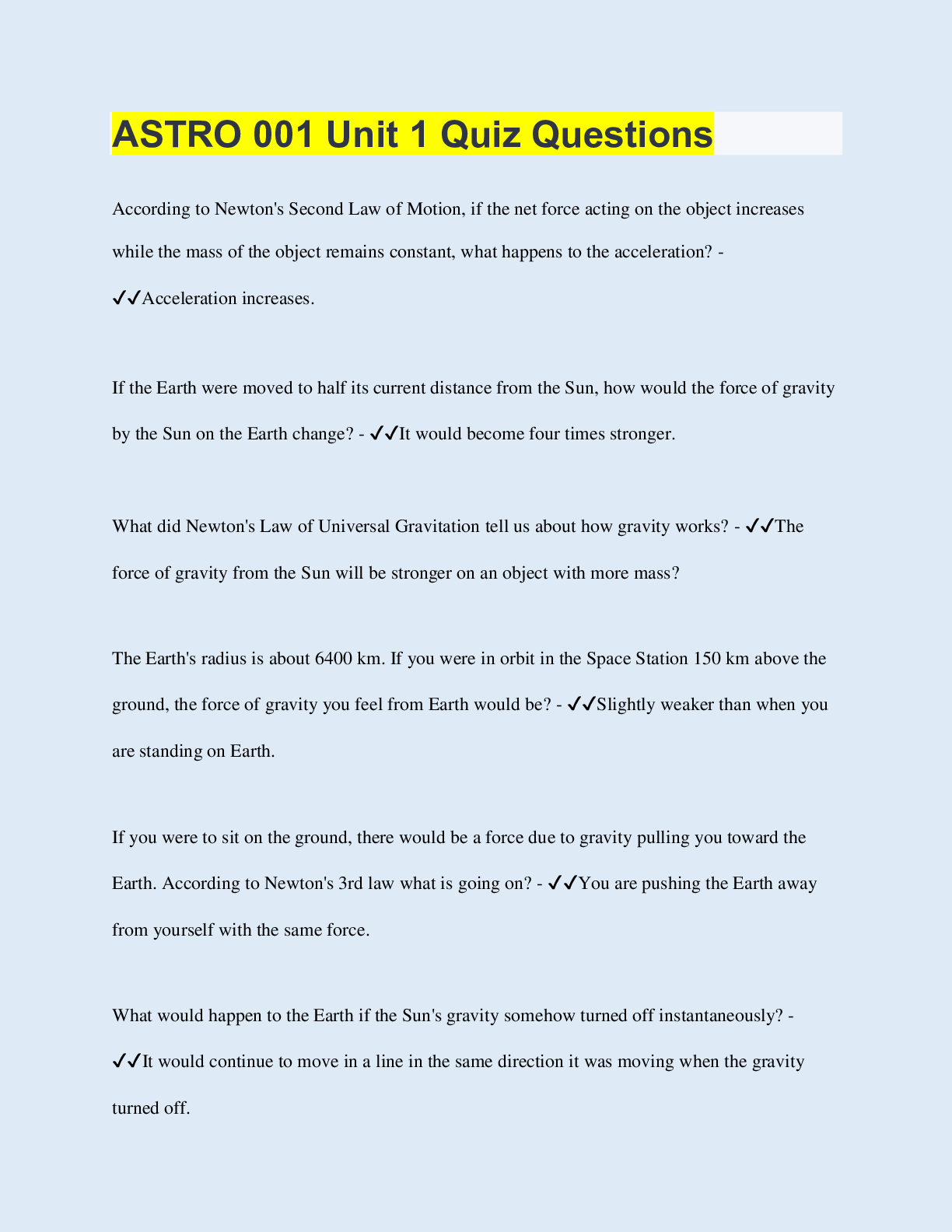 ASTRO 001 Unit 1 Quiz Questions | Questions with 100% Correct Answers ...