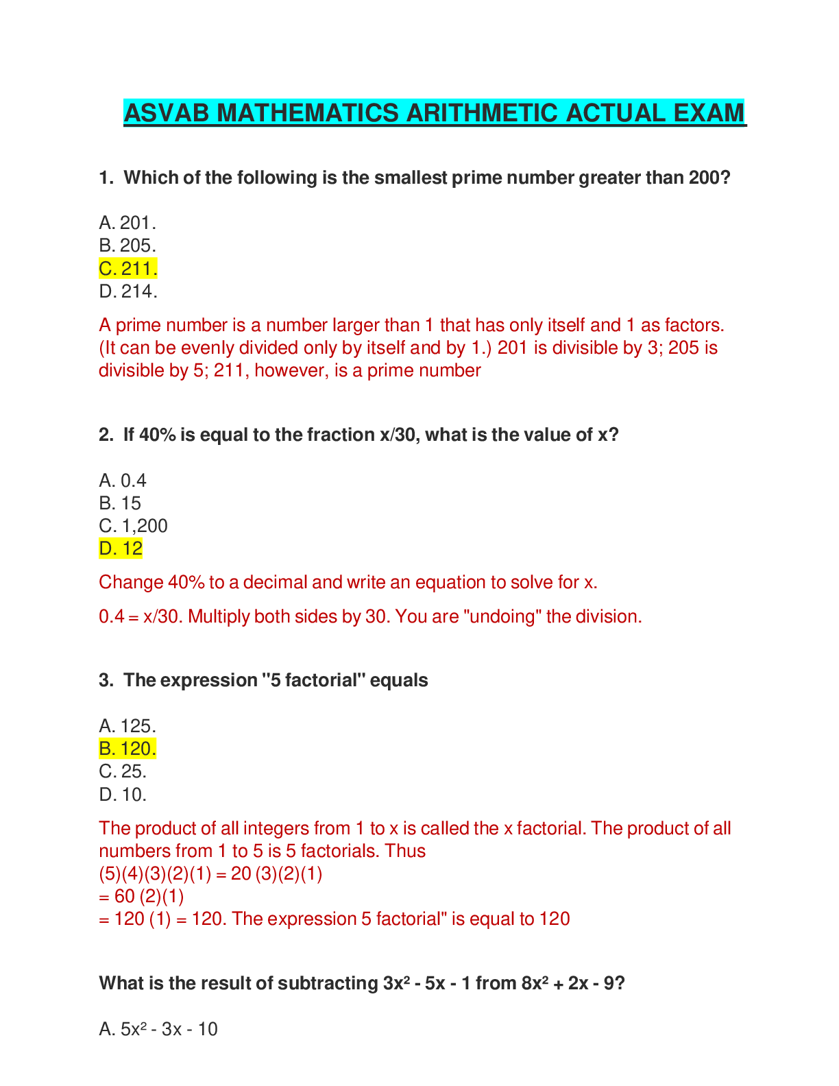 ASVAB MATHEMATICS ARITHMETIC & KNOWLEDGE ACTUAL EXAM CORRECT AND GRADED ...