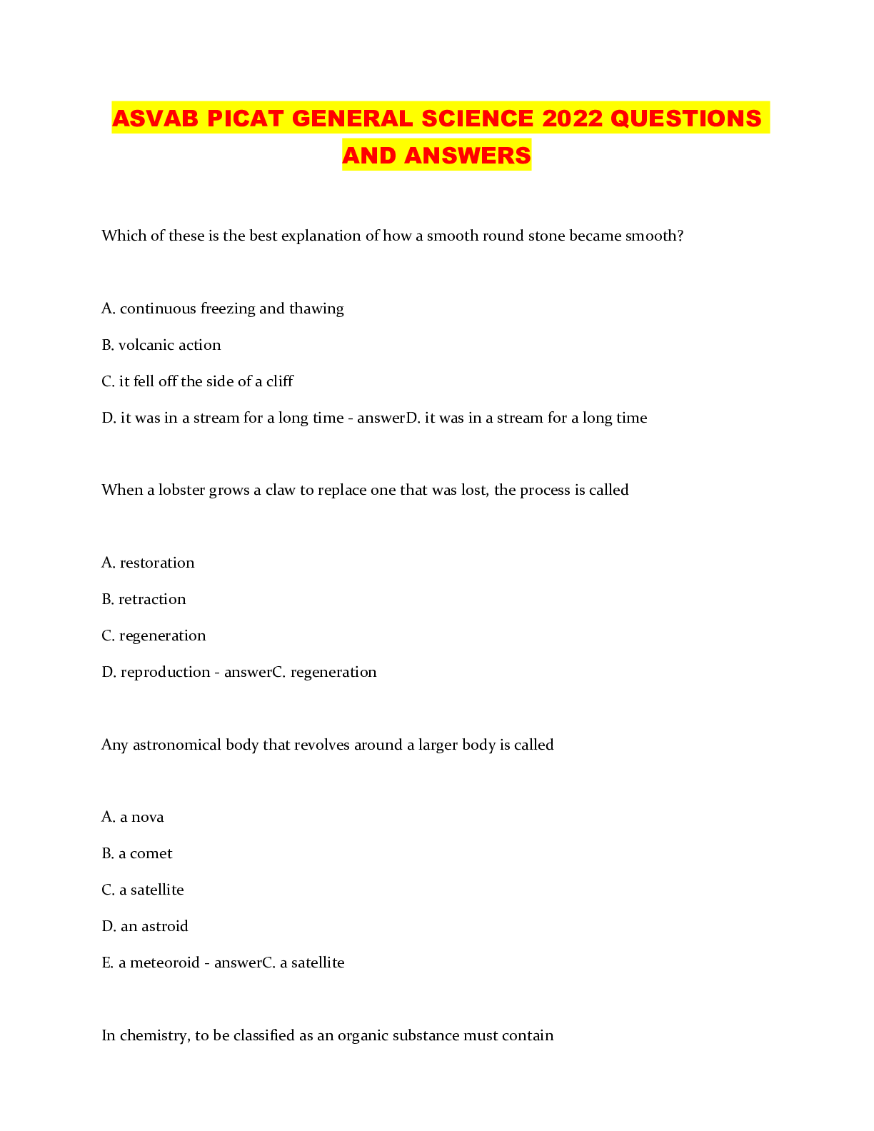 ASVAB PICAT GENERAL SCIENCE 2022 QUESTIONS AND ANSWERS - Scholarfriends