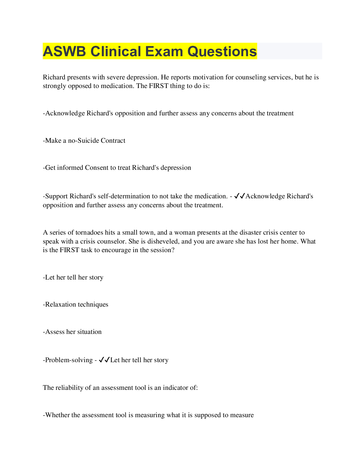 50 ASWB Clinical Exam Questions with COMPLETE SOLUTION - Scholarfriends
