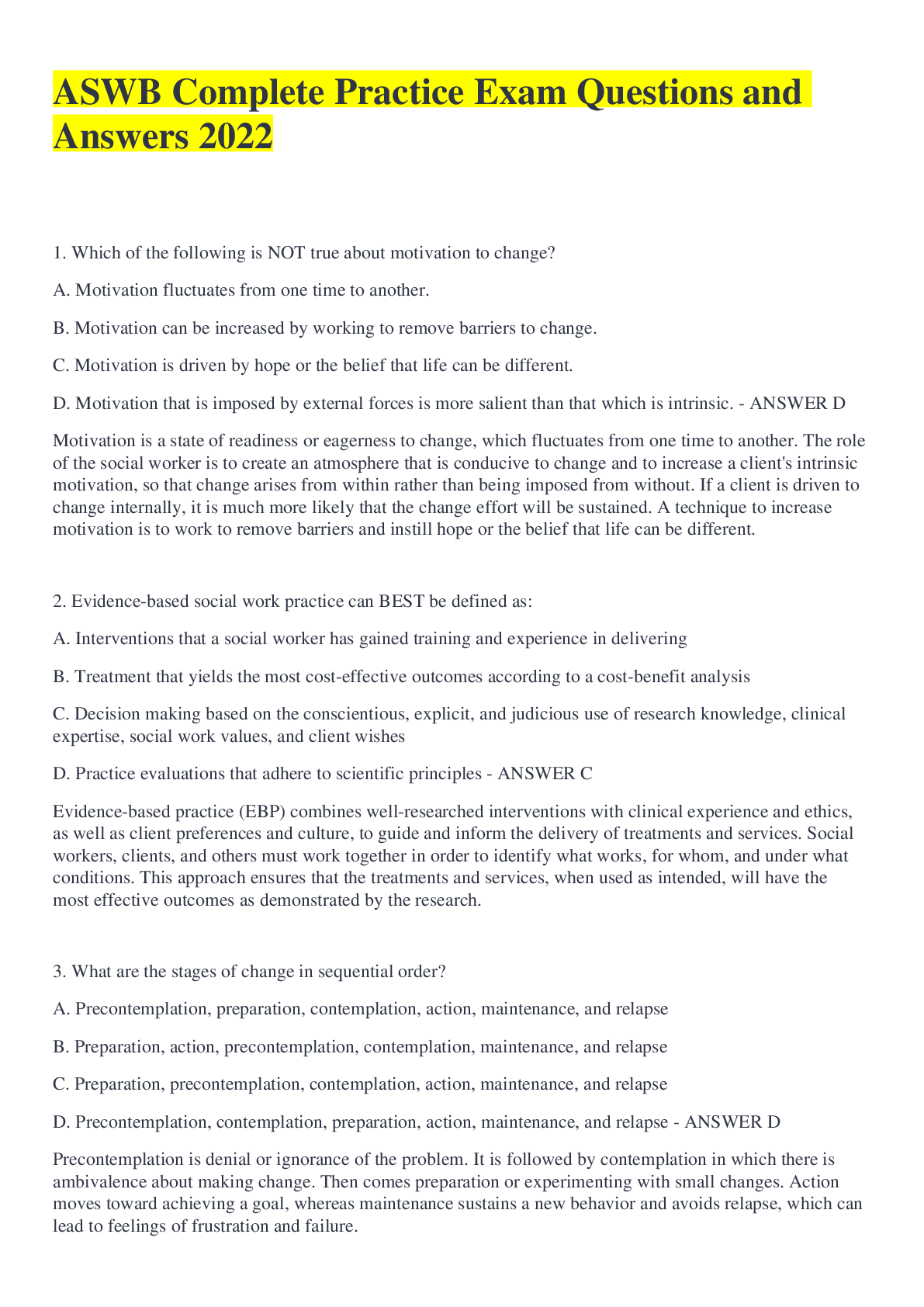 ASWB Complete Practice Exam Questions and Answers 2022 - Scholarfriends