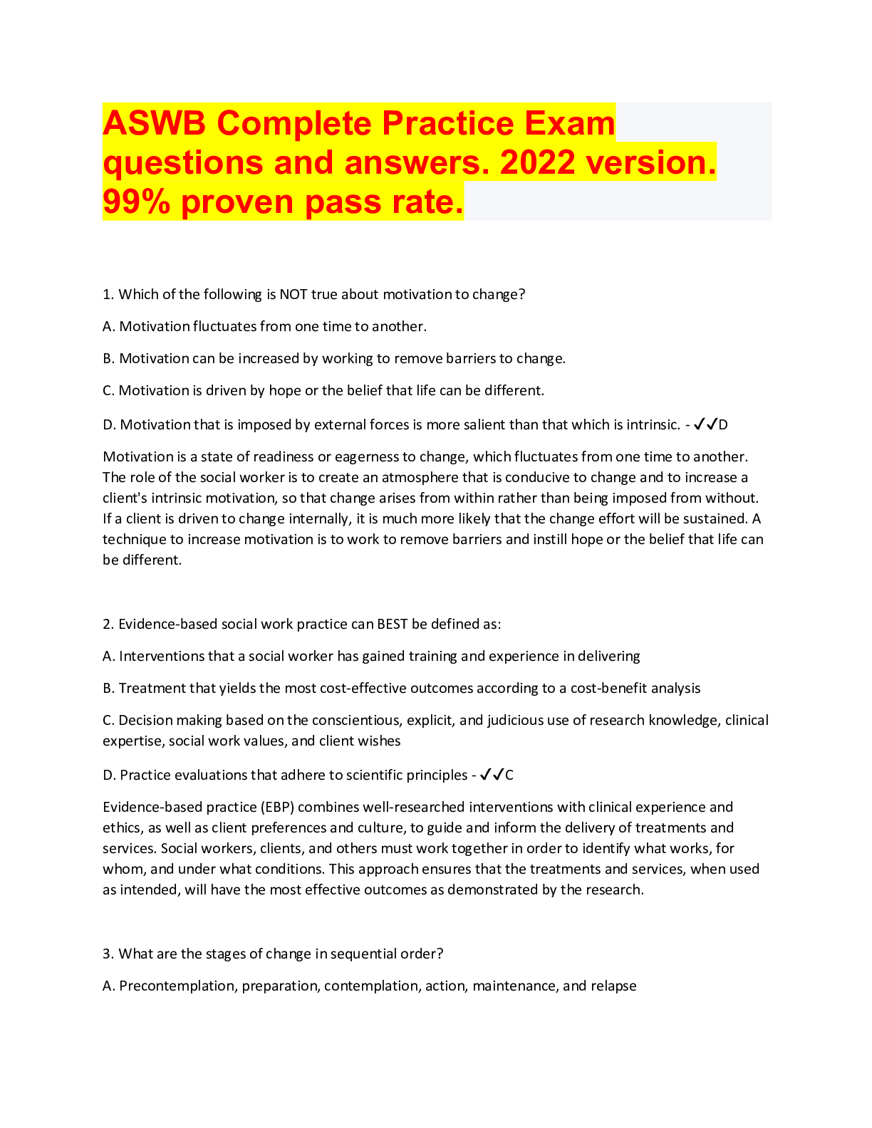 ASWB Complete Practice Exam questions and answers. 2022 version. 99% ...