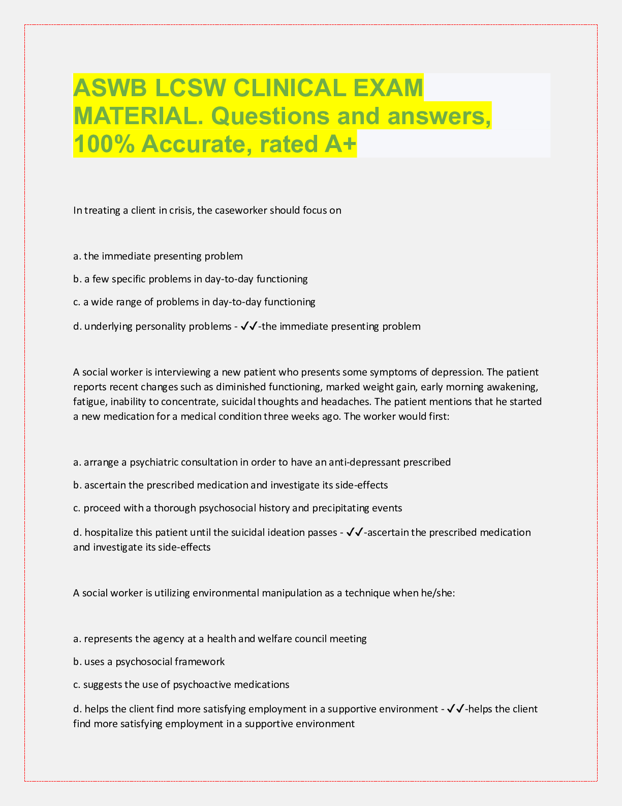 ASWB LCSW CLINICAL EXAM MATERIAL | Questions and answers, 100% Accurate ...
